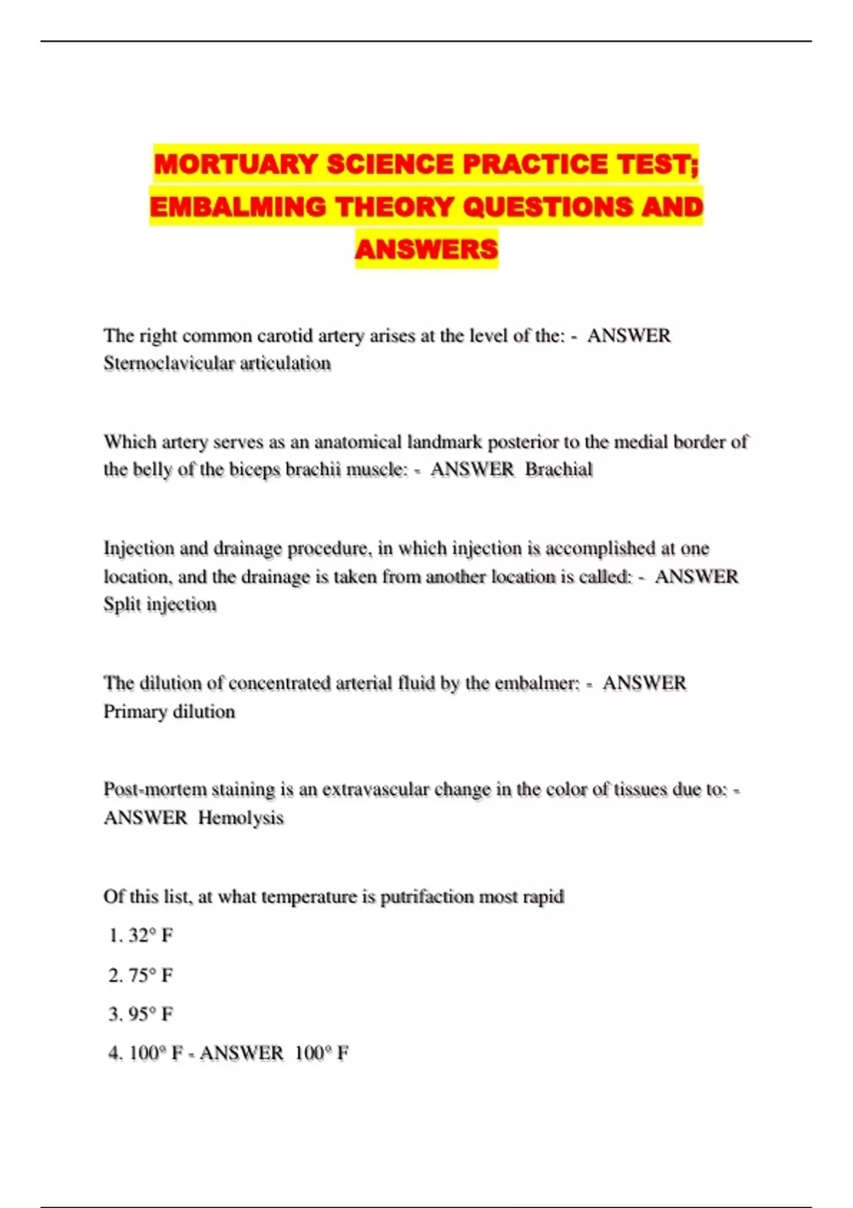 MORTUARY SCIENCE PRACTICE TEST; EMBALMING THEORY QUESTIONS AND ANSWERS ...
