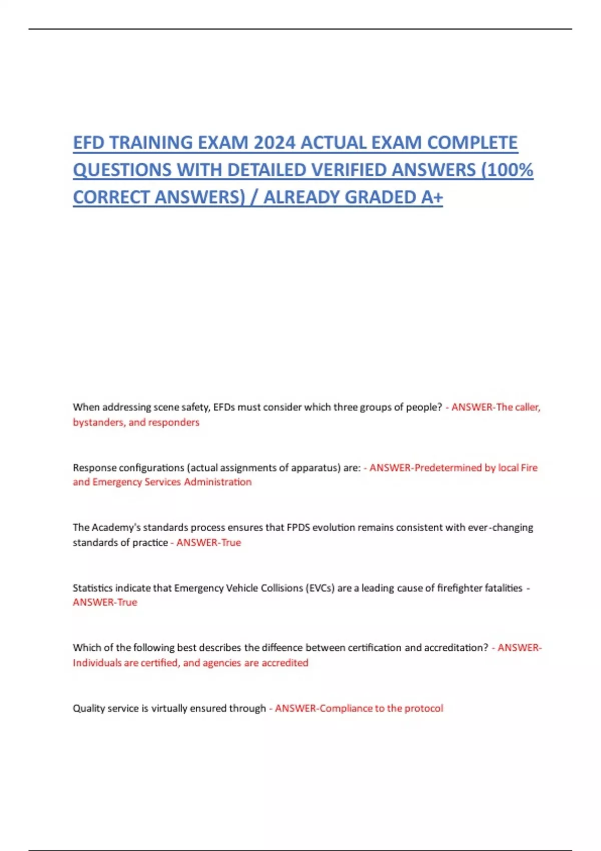 EFD TRAINING EXAM 2024 ACTUAL EXAM COMPLETE QUESTIONS WITH DETAILED VERIFIED ANSWERS (100% ...
