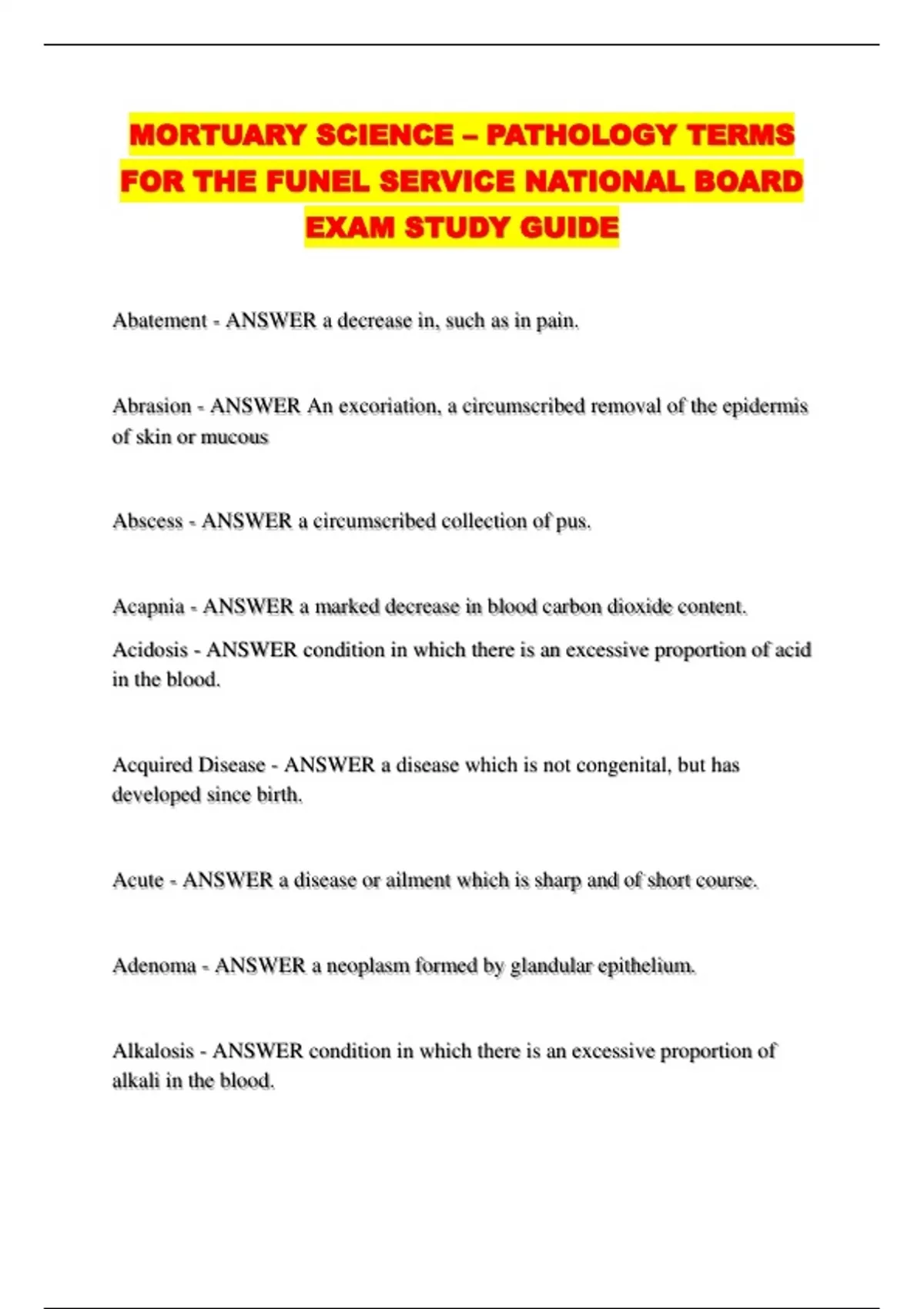 MORTUARY SCIENCE – PATHOLOGY TERMS FOR THE FUNEL SERVICE NATIONAL BOARD ...