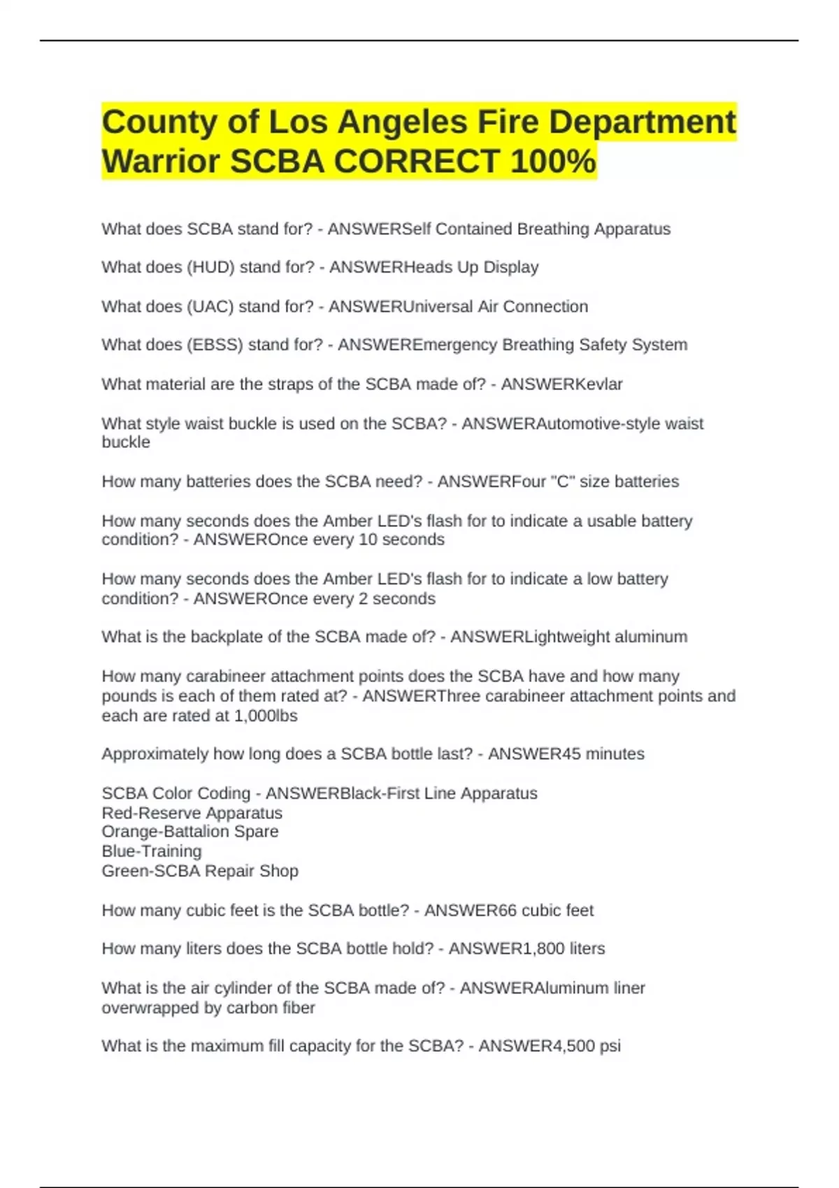 County of Los Angeles Fire Department Warrior SCBA CORRECT 100% ...