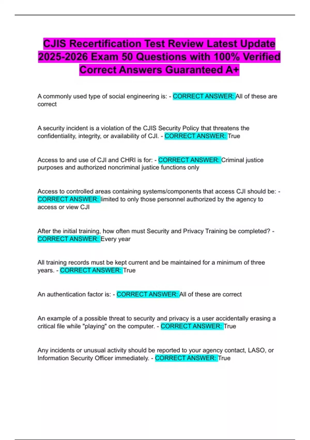 CJIS Recertification Test Review Latest Update Exam 50 Questions with ...