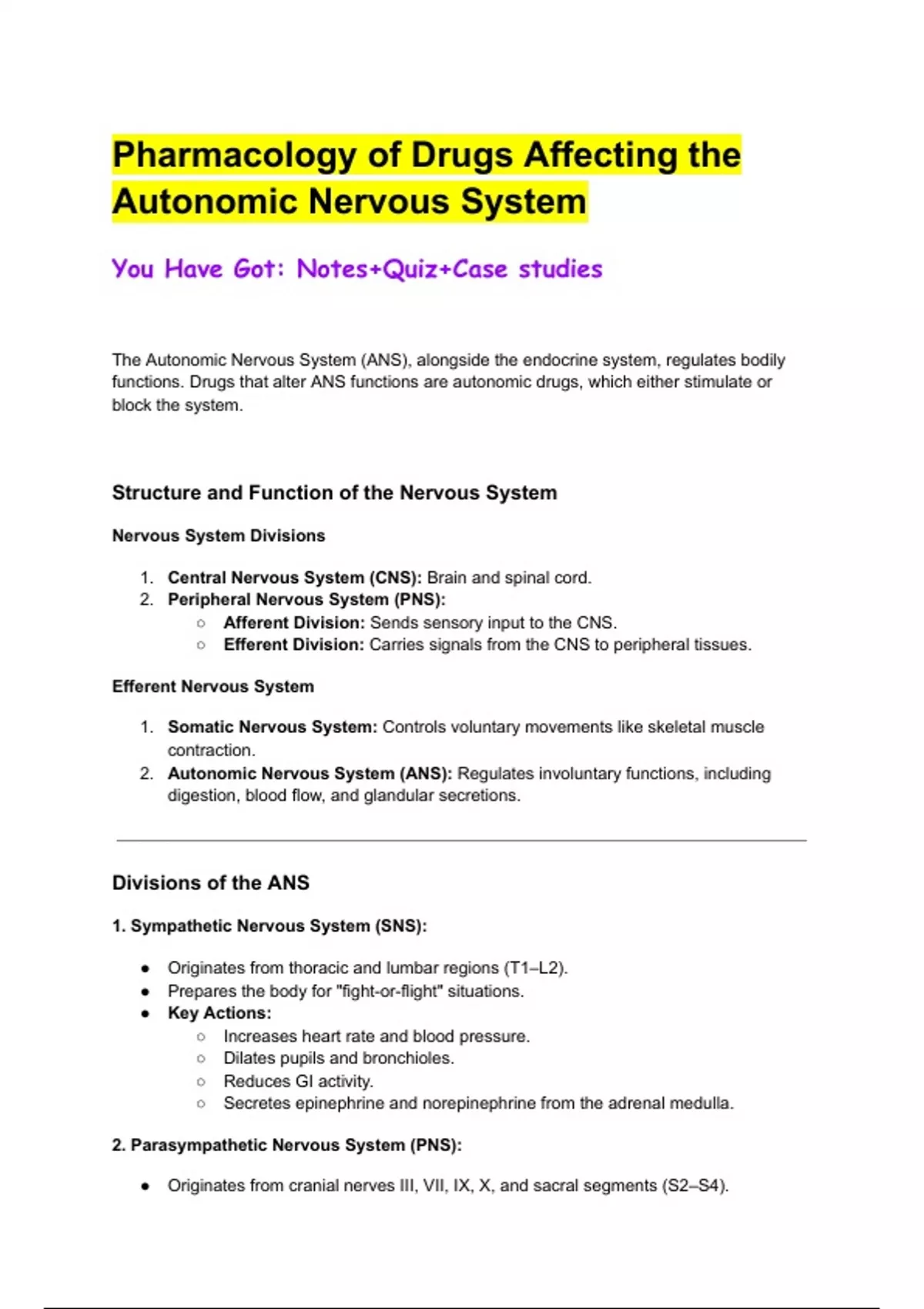 Summary Notes on Autonomic Nervous System with MCQs and Case Studies ...