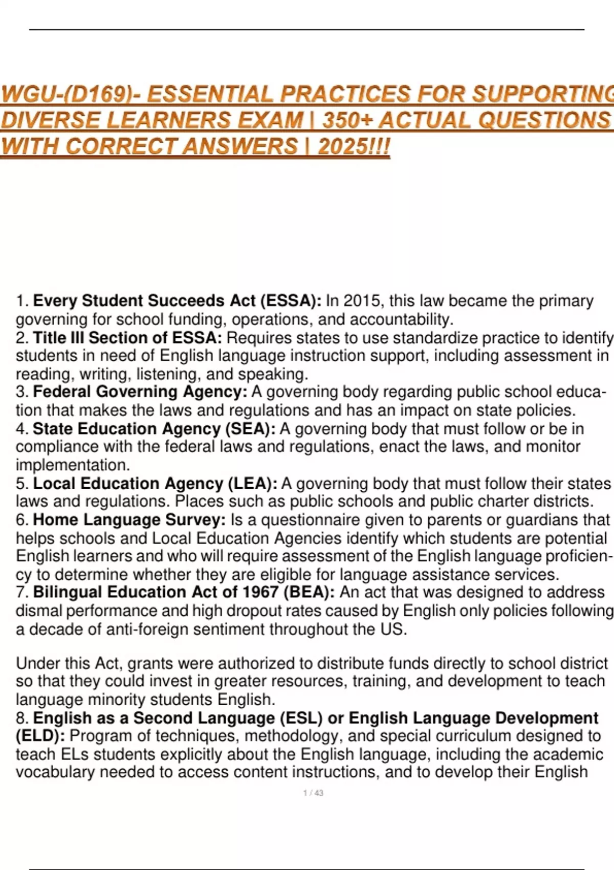WGU-(D169)- ESSENTIAL PRACTICES FOR SUPPORTING DIVERSE LEARNERS EXAM | 350+ ACTUAL QUESTIONS ...