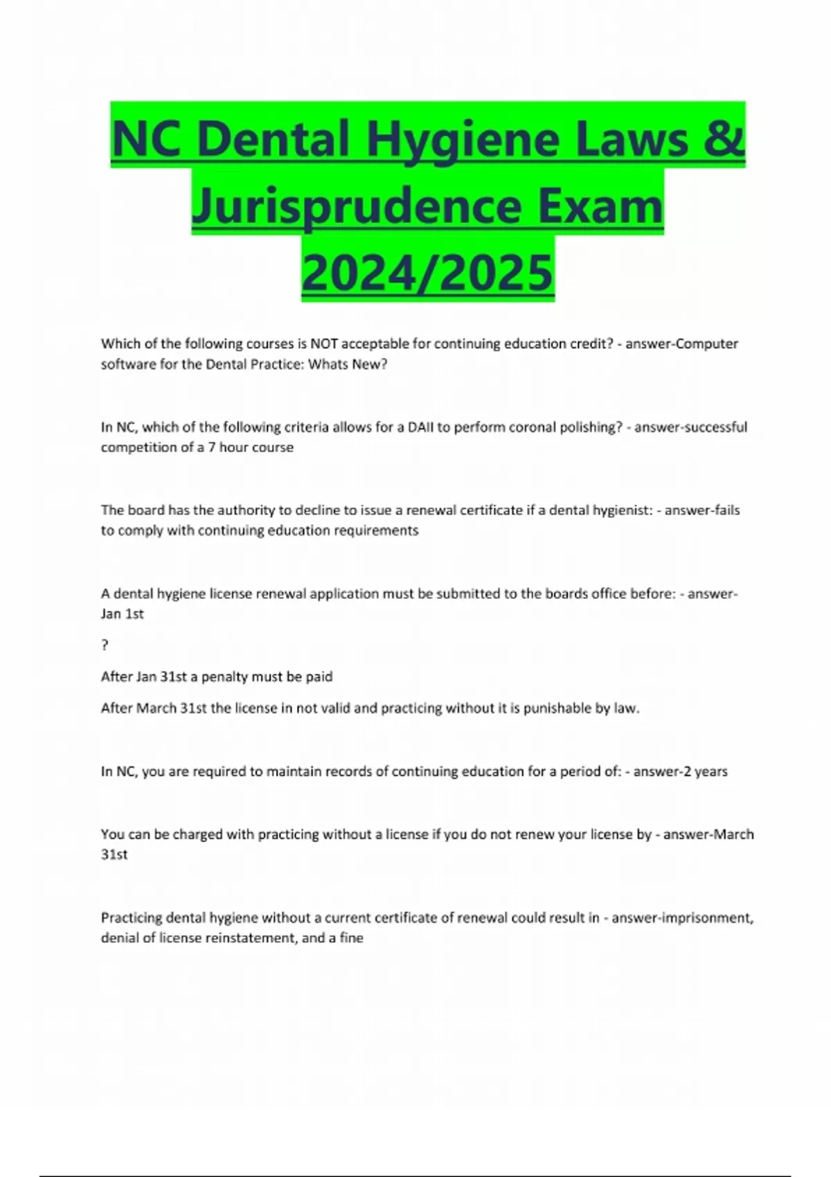 NC Dental Hygiene Laws & Jurisprudence Exam 2024/2025 - NC Dental ...