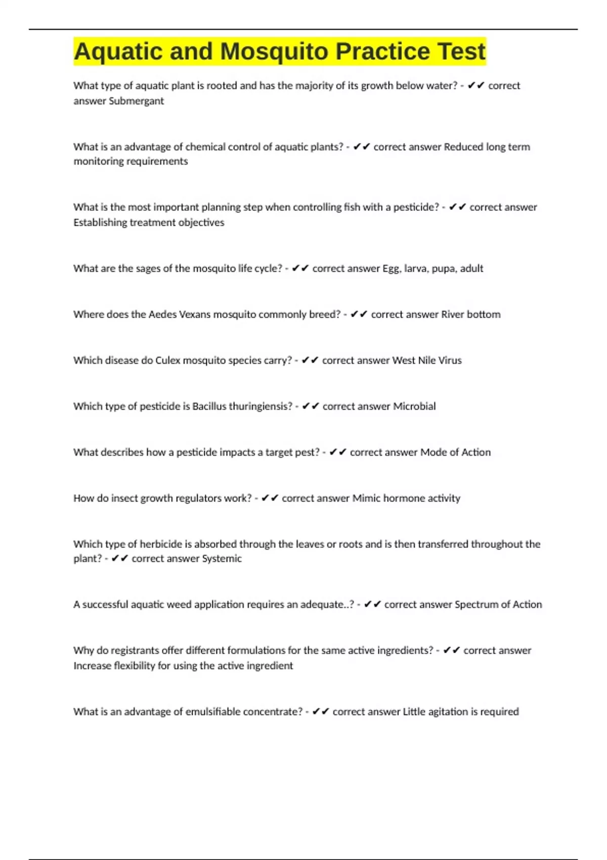 Aquatic and Mosquito Practice Test exam questions and verified correct ...