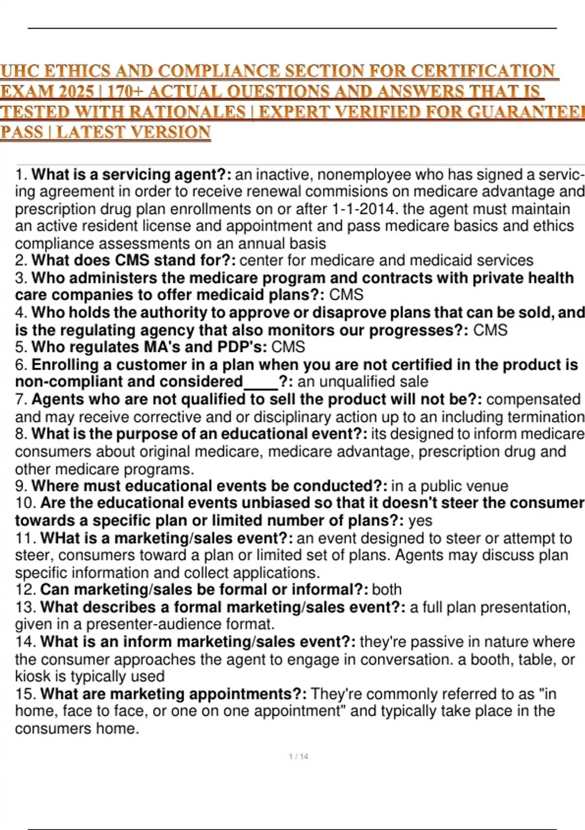 UHC ETHICS AND COMPLIANCE SECTION FOR CERTIFICATION EXAM 2025 | 170 ...