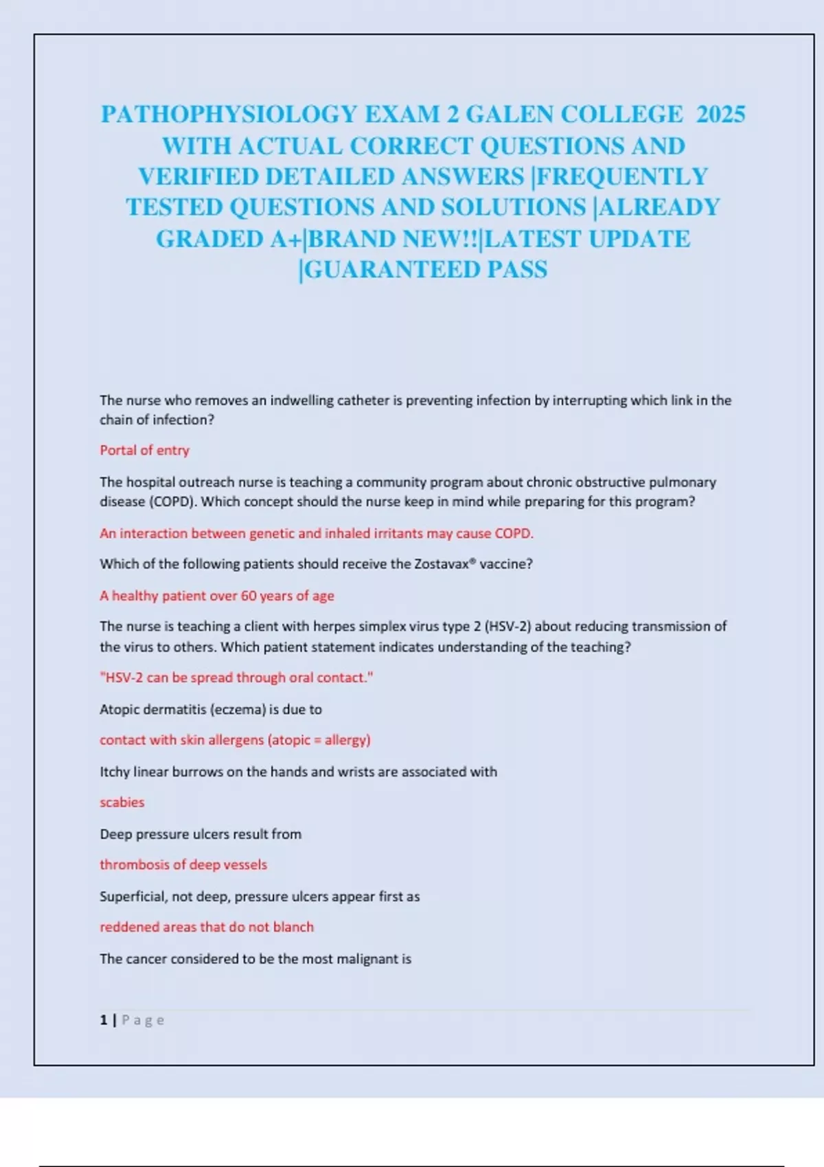 PATHOPHYSIOLOGY EXAM 2 GALEN COLLEGE 2025 WITH ACTUAL CORRECT QUESTIONS ...