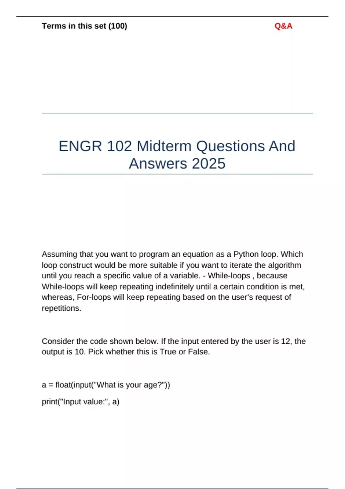 ENGR 102 Midterm Questions And Answers 2025 - ENGR 102 - Stuvia US