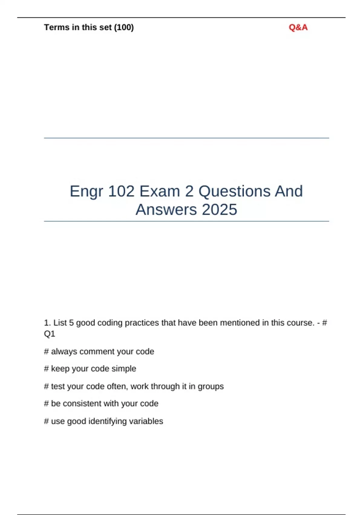 Engr 102 Exam 2 Questions And Answers 2025 - ENGR 102 - Stuvia US