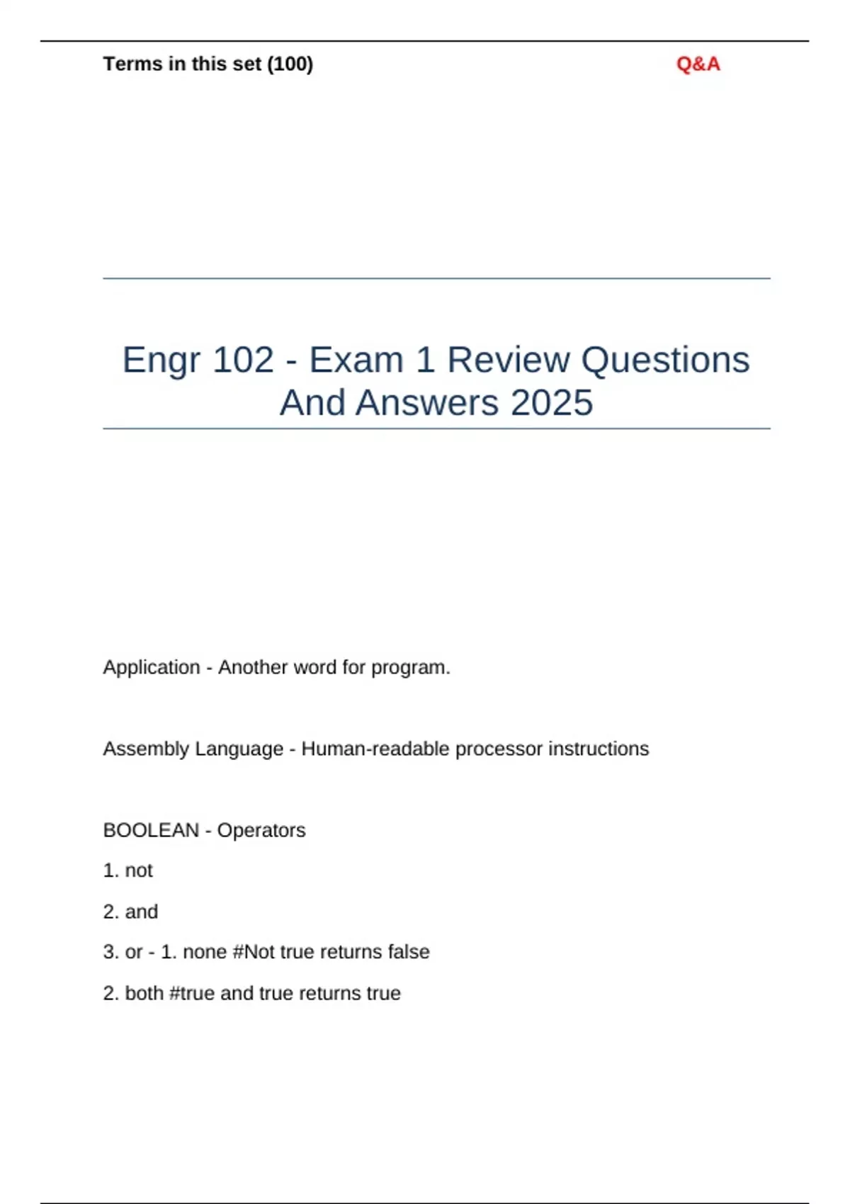 Engr 102 - Exam 1 Review Questions And Answers 2025 - ENGR 102 - Stuvia US
