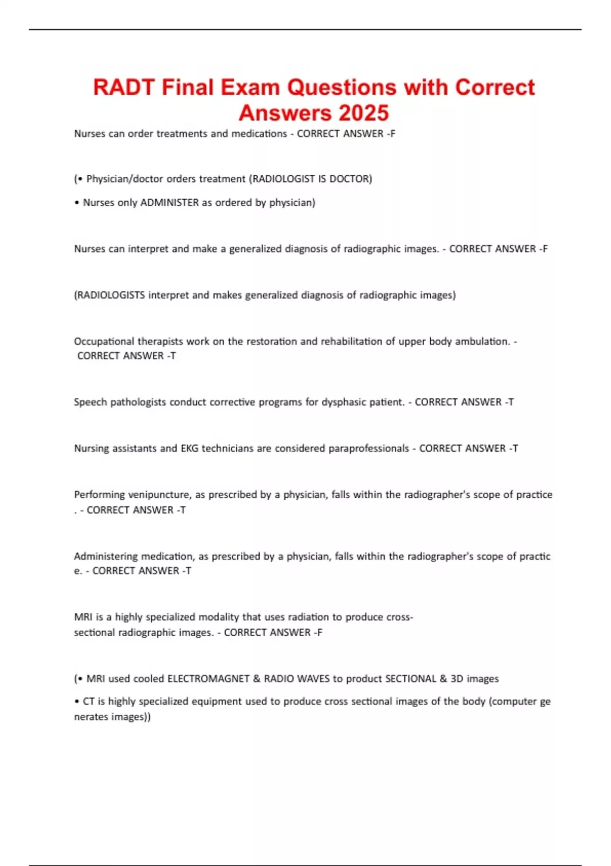 RADT Final Exam Questions with Correct Answers 2025 - Radt - Stuvia US