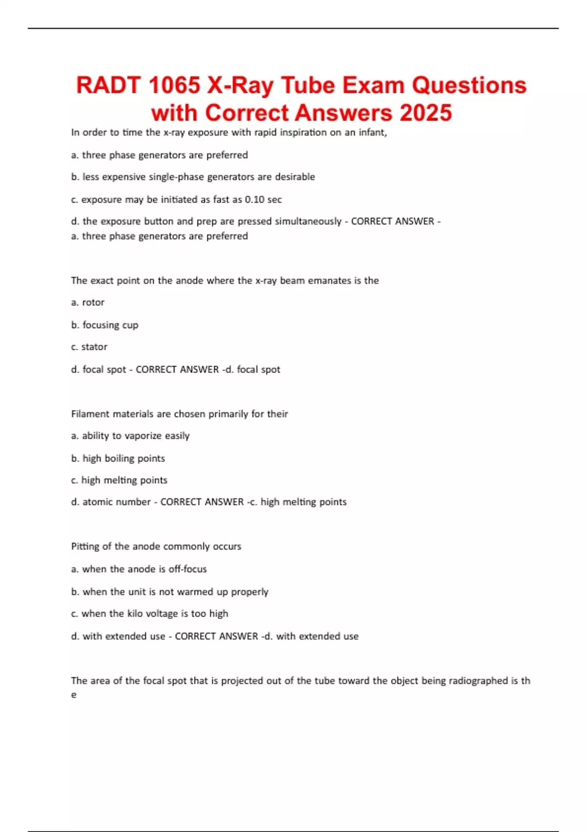 RADT 1065 X-Ray Tube Exam Questions with Correct Answers 2025 - RADT ...