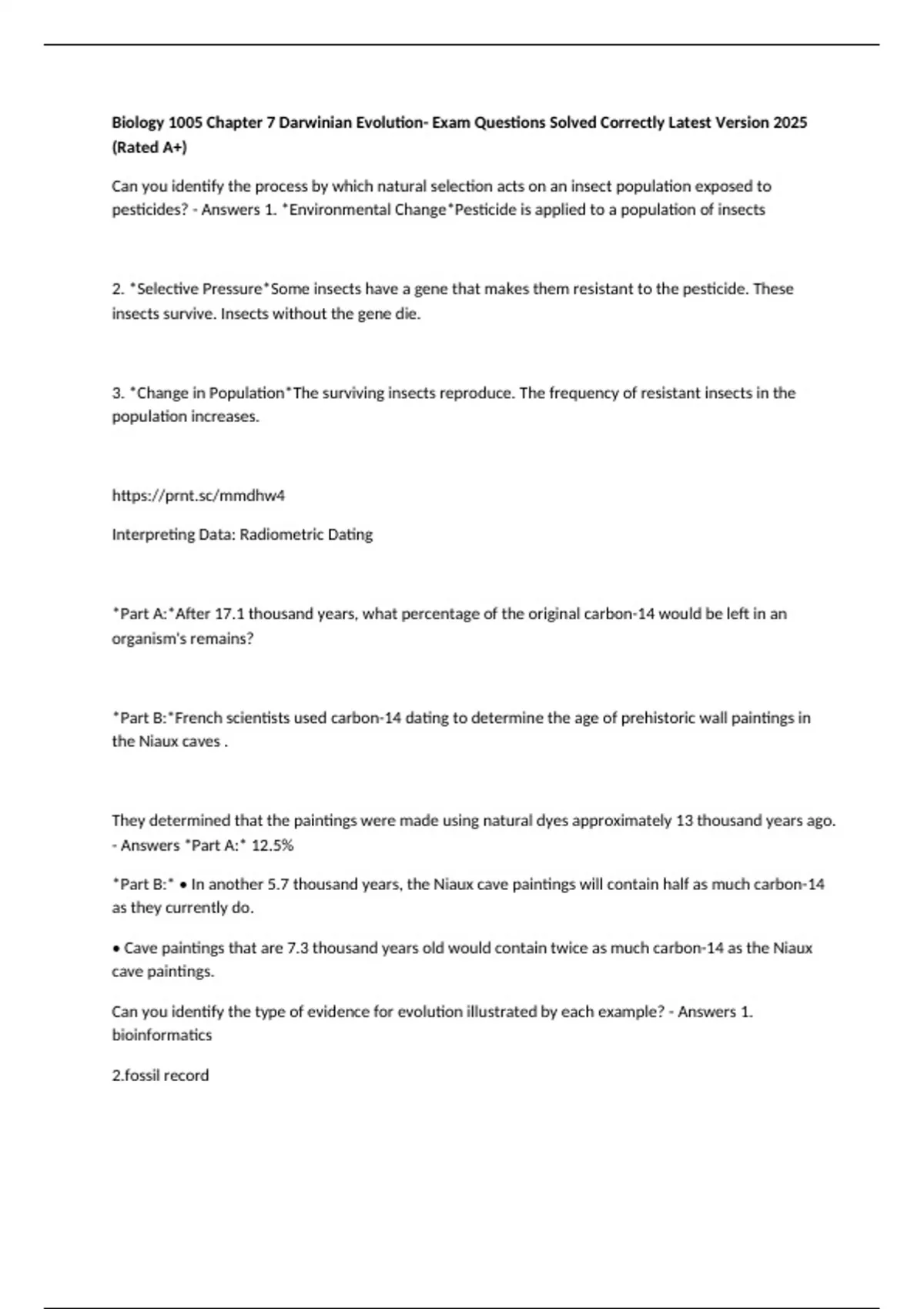 Biology 1005 Chapter 7 Darwinian Evolution- Exam Questions Solved ...