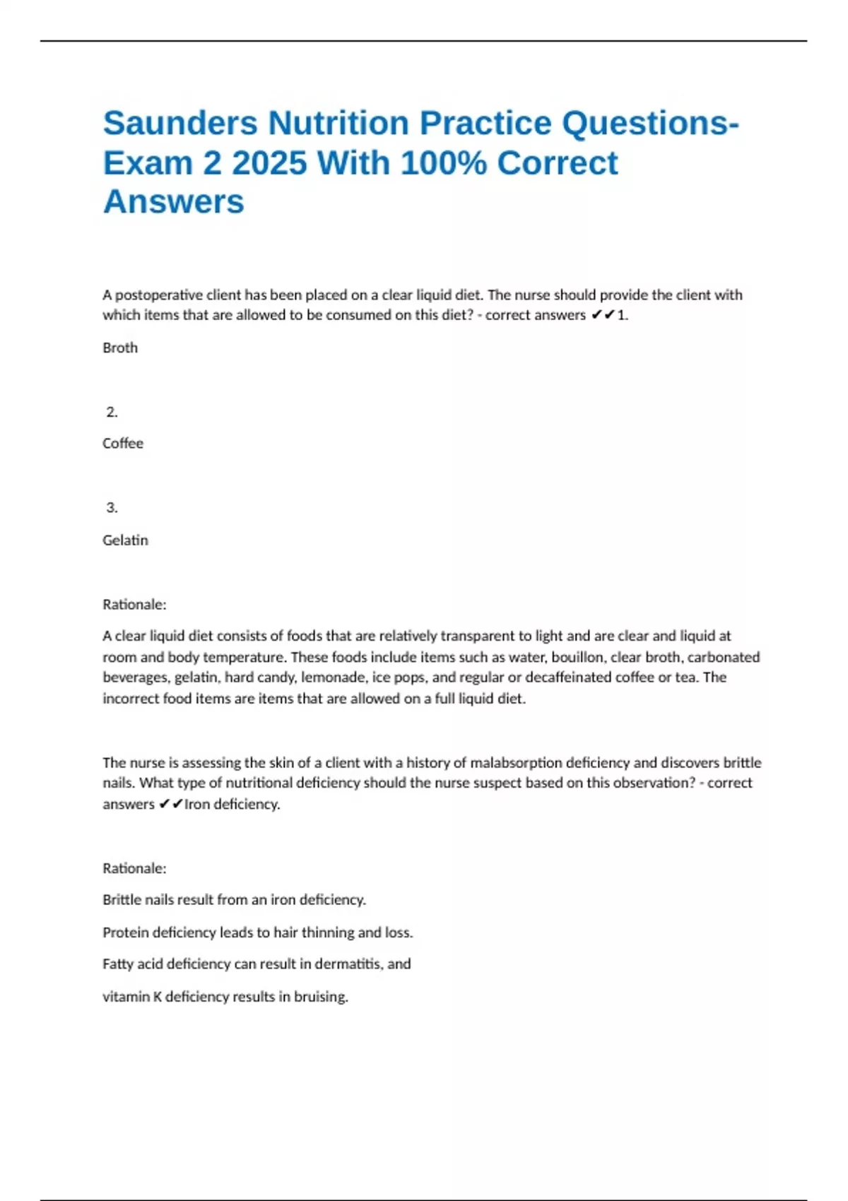 Saunders Nutrition Practice Questions-Exam 2 2025 With 100% Correct ...