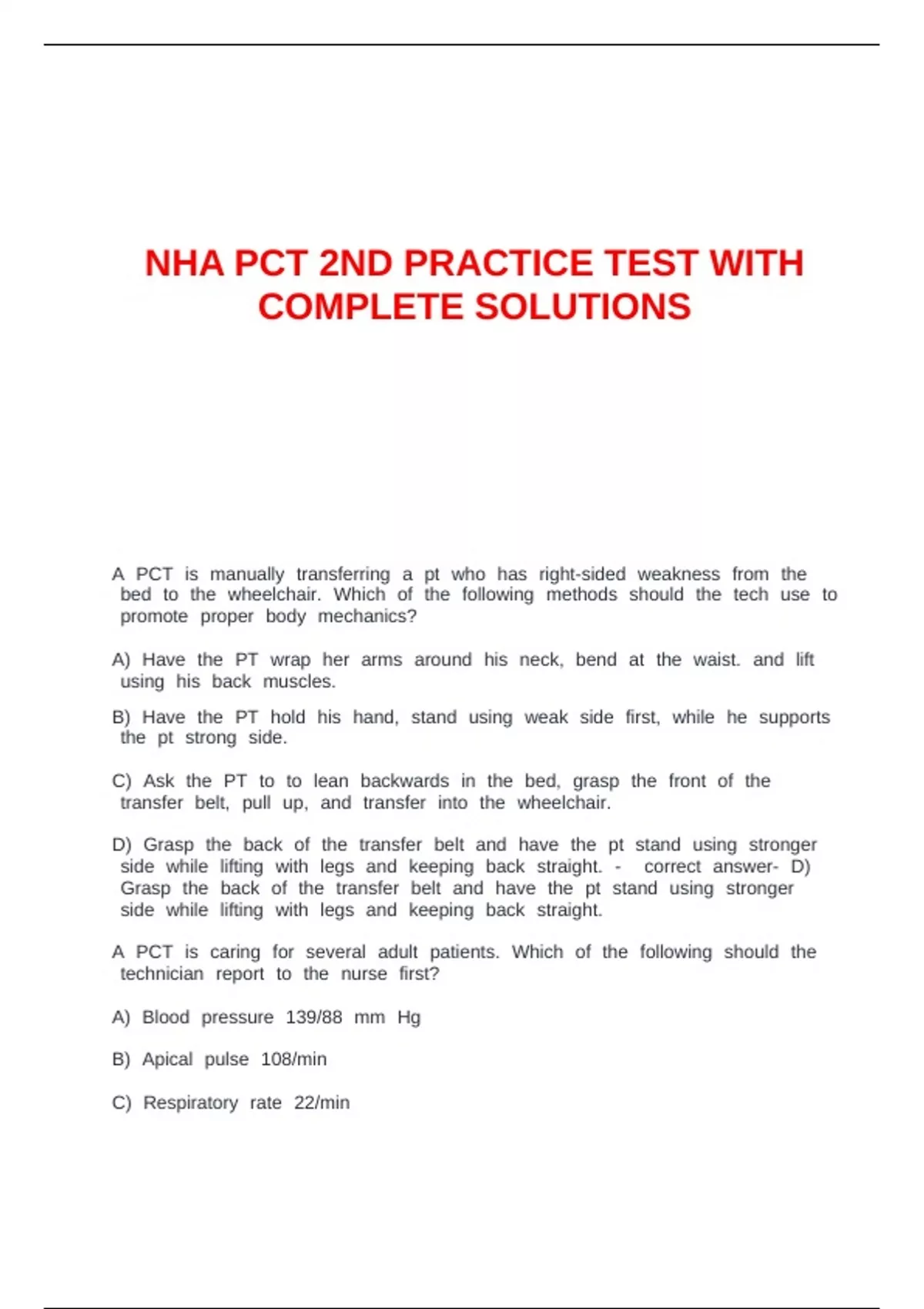 NHA PCT 2ND PRACTICE TEST WITH COMPLETE SOLUTIONS. - NHANPCT - Stuvia US