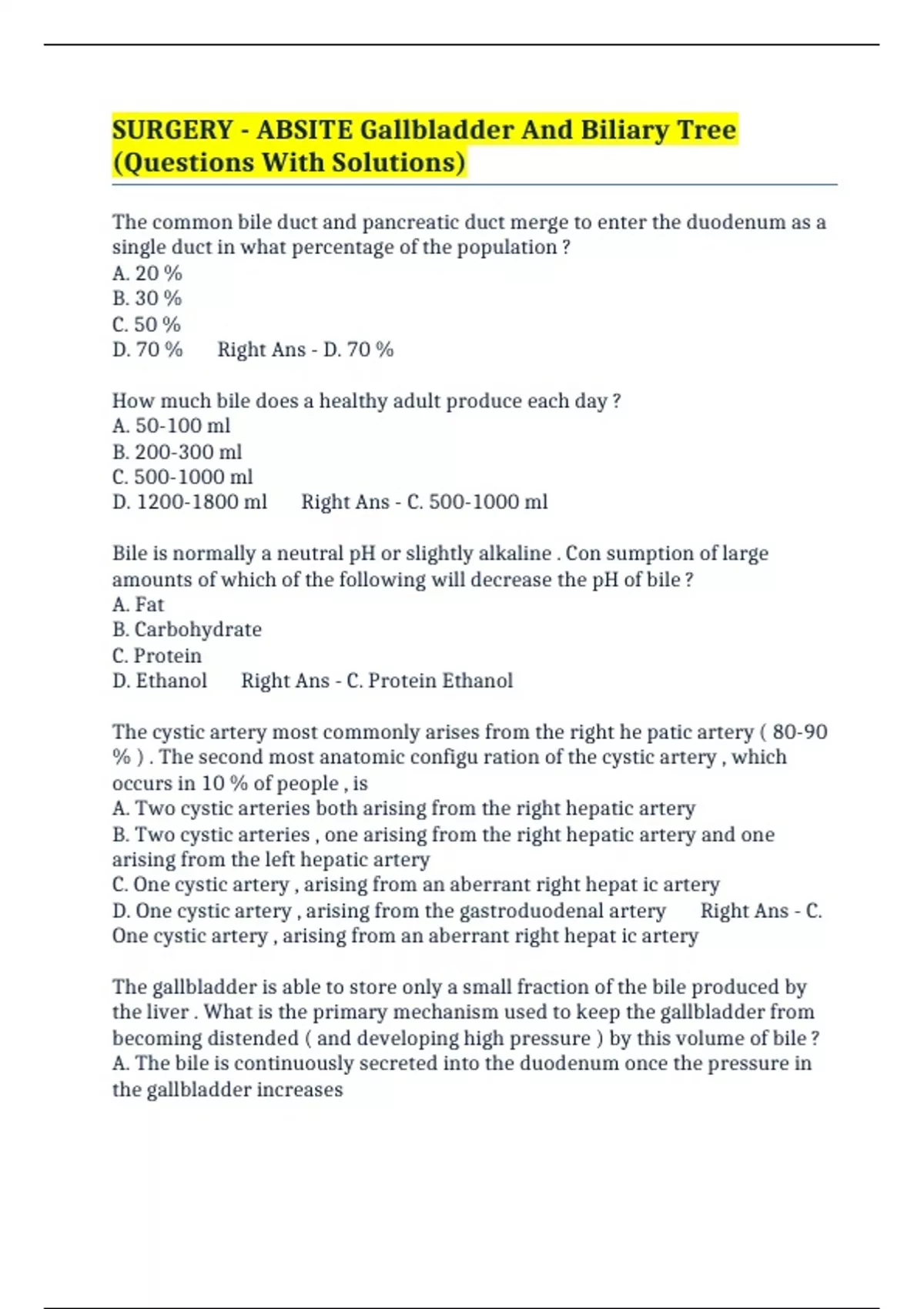 SURGERY - ABSITE Gallbladder And Biliary Tree (Questions With Solutions ...