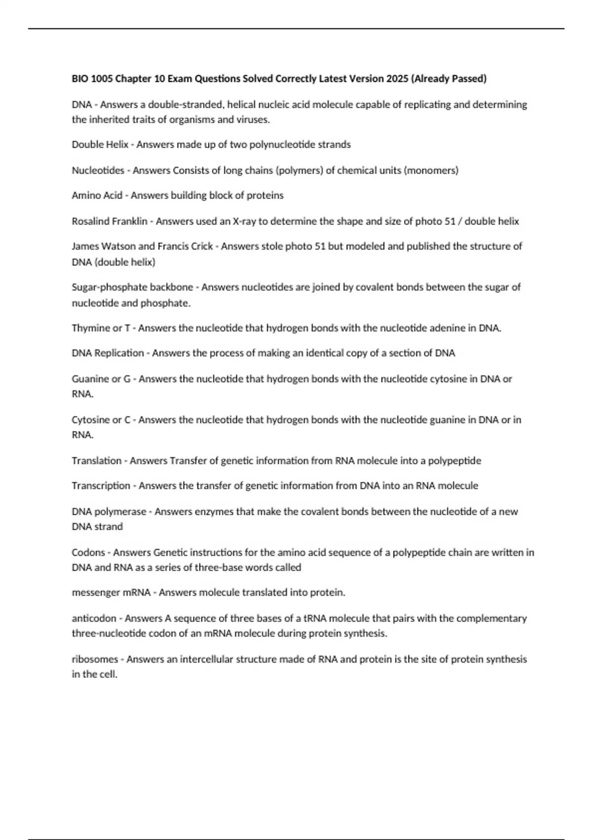 BIO 1005 Chapter 10 Exam Questions Solved Correctly Latest Version 2025 ...