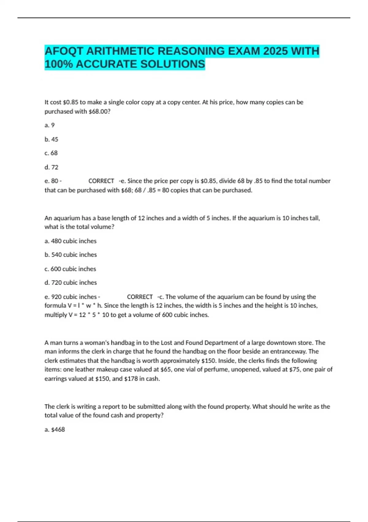 Afoqt Arithmetic Reasoning Exam 2025 With 100 Accurate Solutions Afoqt Arithmetic Reasoning