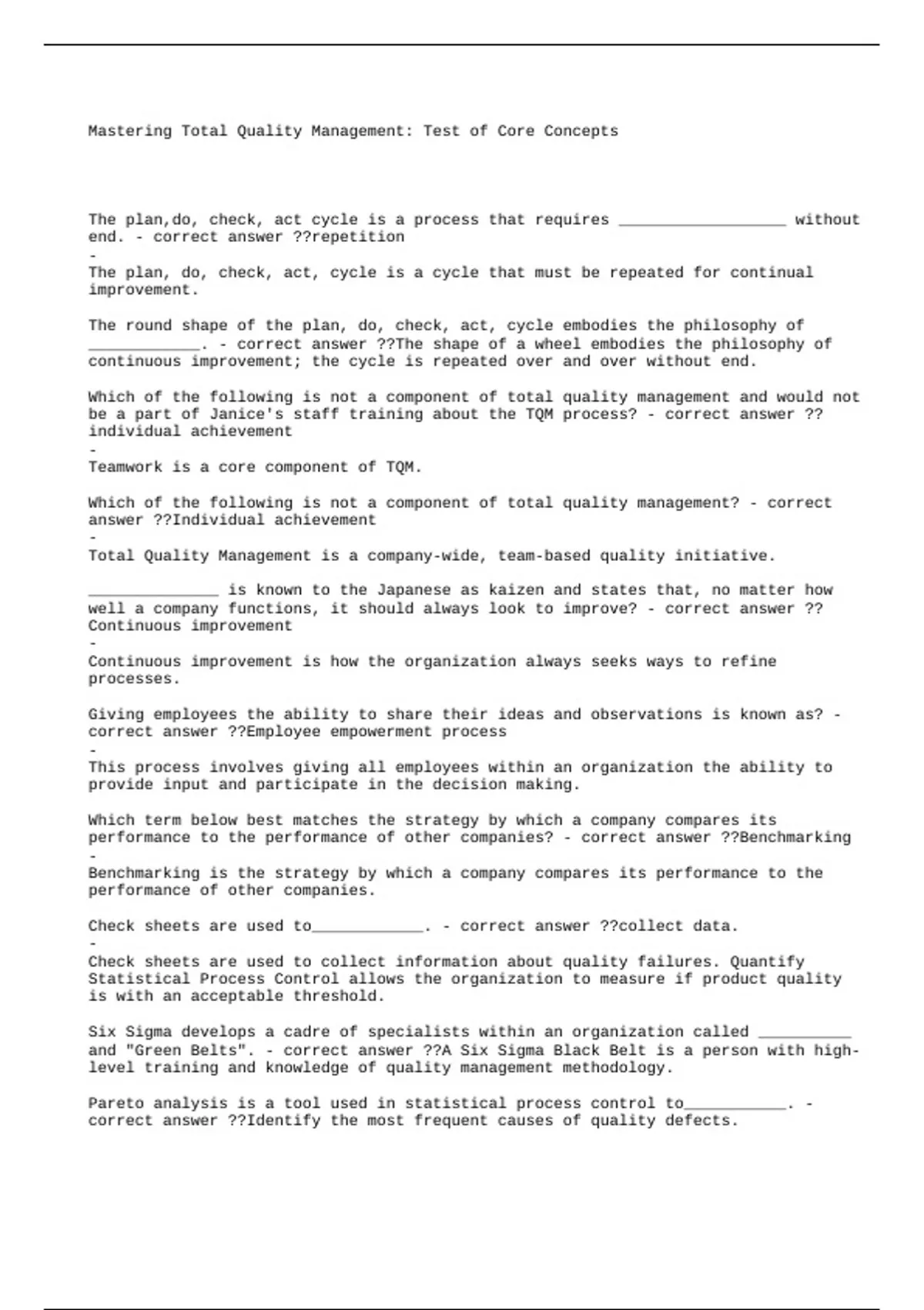 Mastering Total Quality Management: Test of Core Concepts - Tqm - Stuvia US