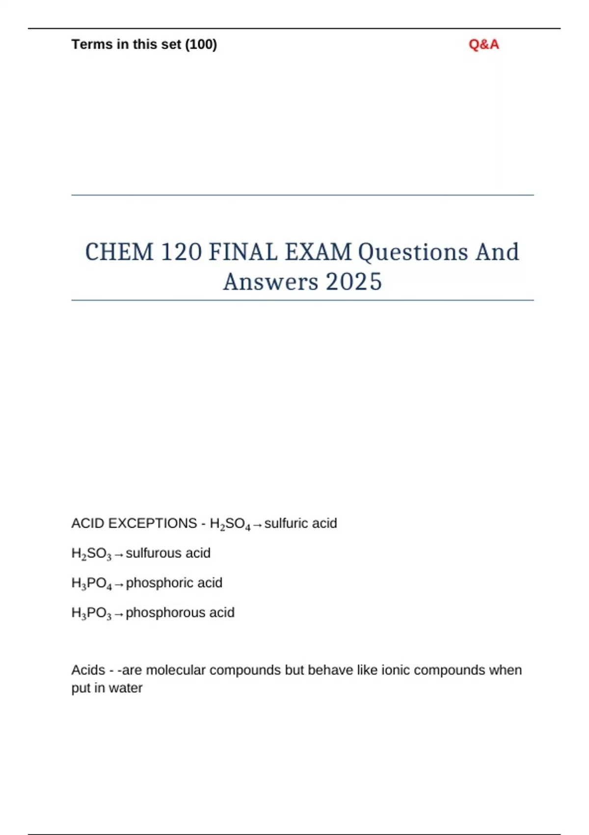 CHEM 120 FINAL EXAM Questions And Answers 2025 - CHEM 120A - Stuvia US
