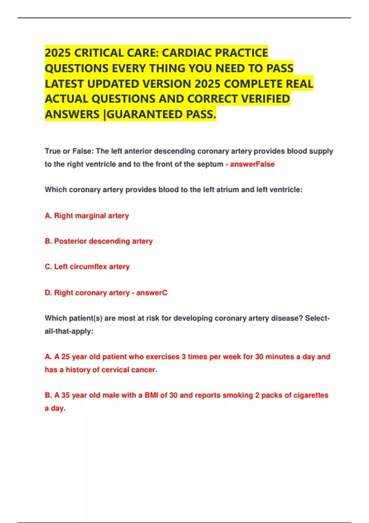 2025 CRITICAL CARE: CARDIAC PRACTICE QUESTIONS EVERY THING YOU NEED TO ...