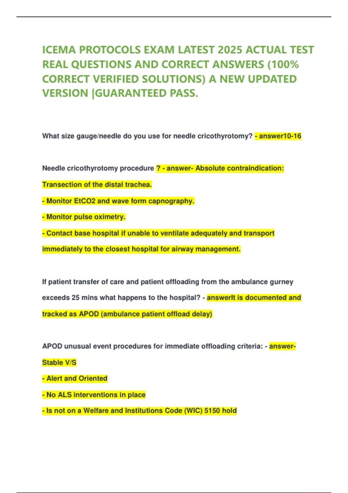 ICEMA PROTOCOLS EXAM LATEST 2025 ACTUAL TEST REAL QUESTIONS AND CORRECT ...