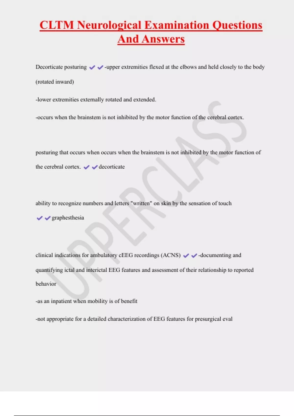 CLTM Neurological Examination Questions And Answers - CLTM - Stuvia US