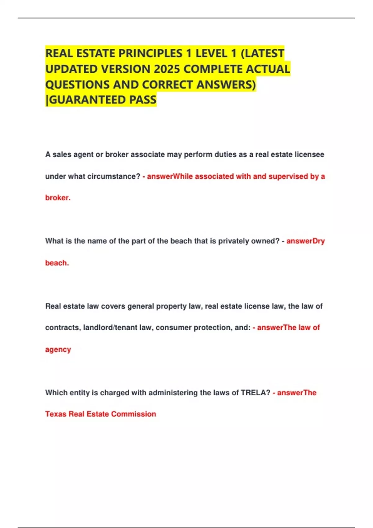 REAL ESTATE PRINCIPLES 1 LEVEL 1 (LATEST UPDATED VERSION 2025 COMPLETE ...