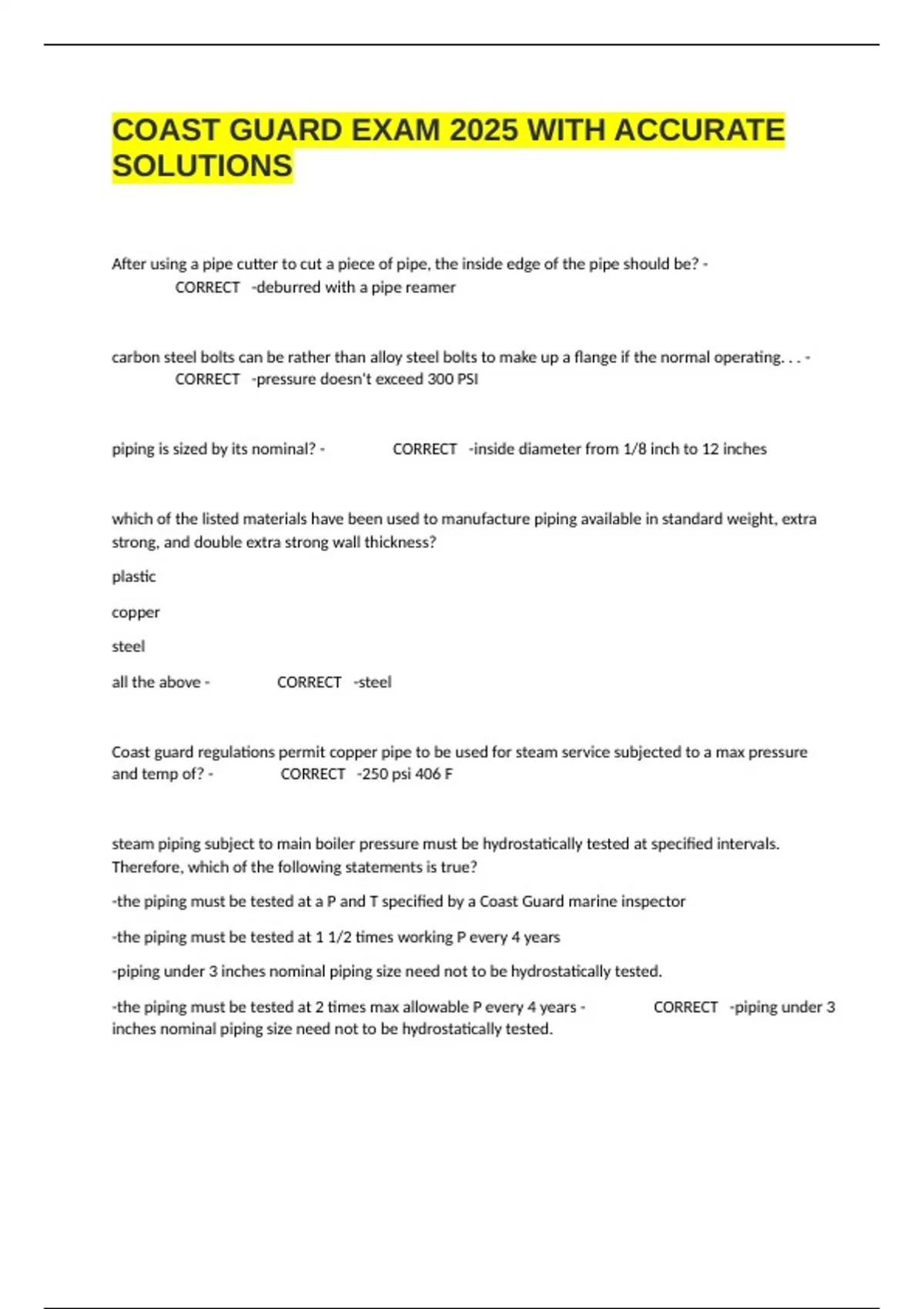 COAST GUARD EXAM 2025 WITH ACCURATE SOLUTIONS - COAST GUARD - Stuvia US