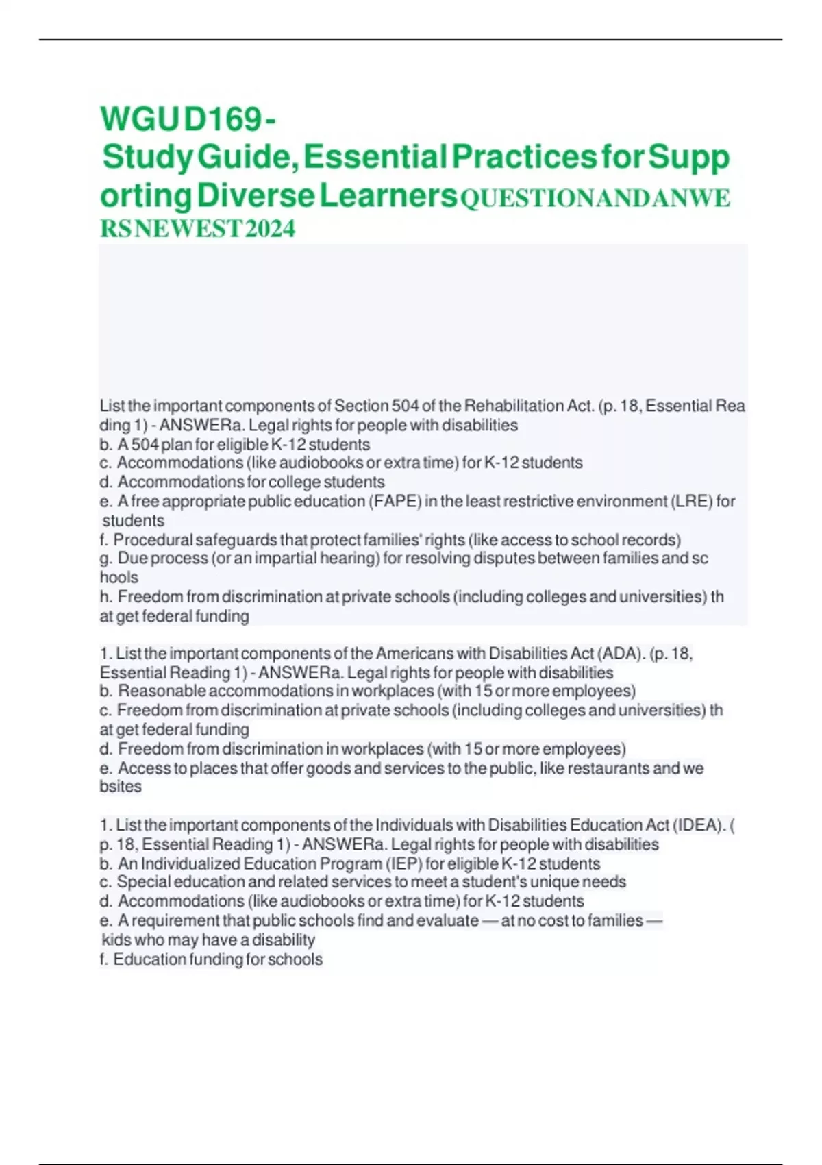 WGU D169 - Study Guide, Essential Practices for Supporting Diverse ...