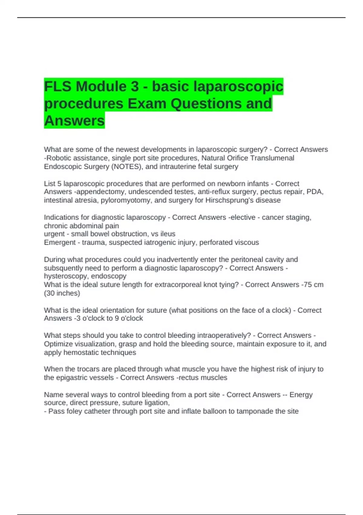FLS Module 3 - basic laparoscopic procedures Exam Questions and Answers - FLS - Stuvia US