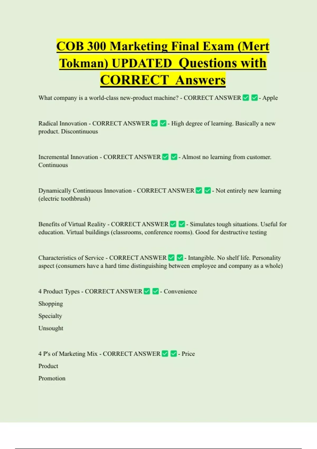 COB 300 Marketing Final Exam (Mert Tokman) UPDATED Questions with ...