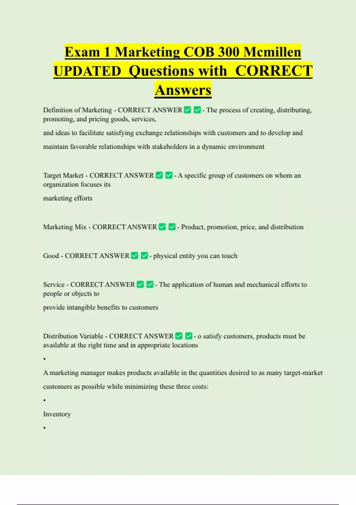 Exam 1 Marketing COB 300 Mcmillen UPDATED Questions with CORRECT ...