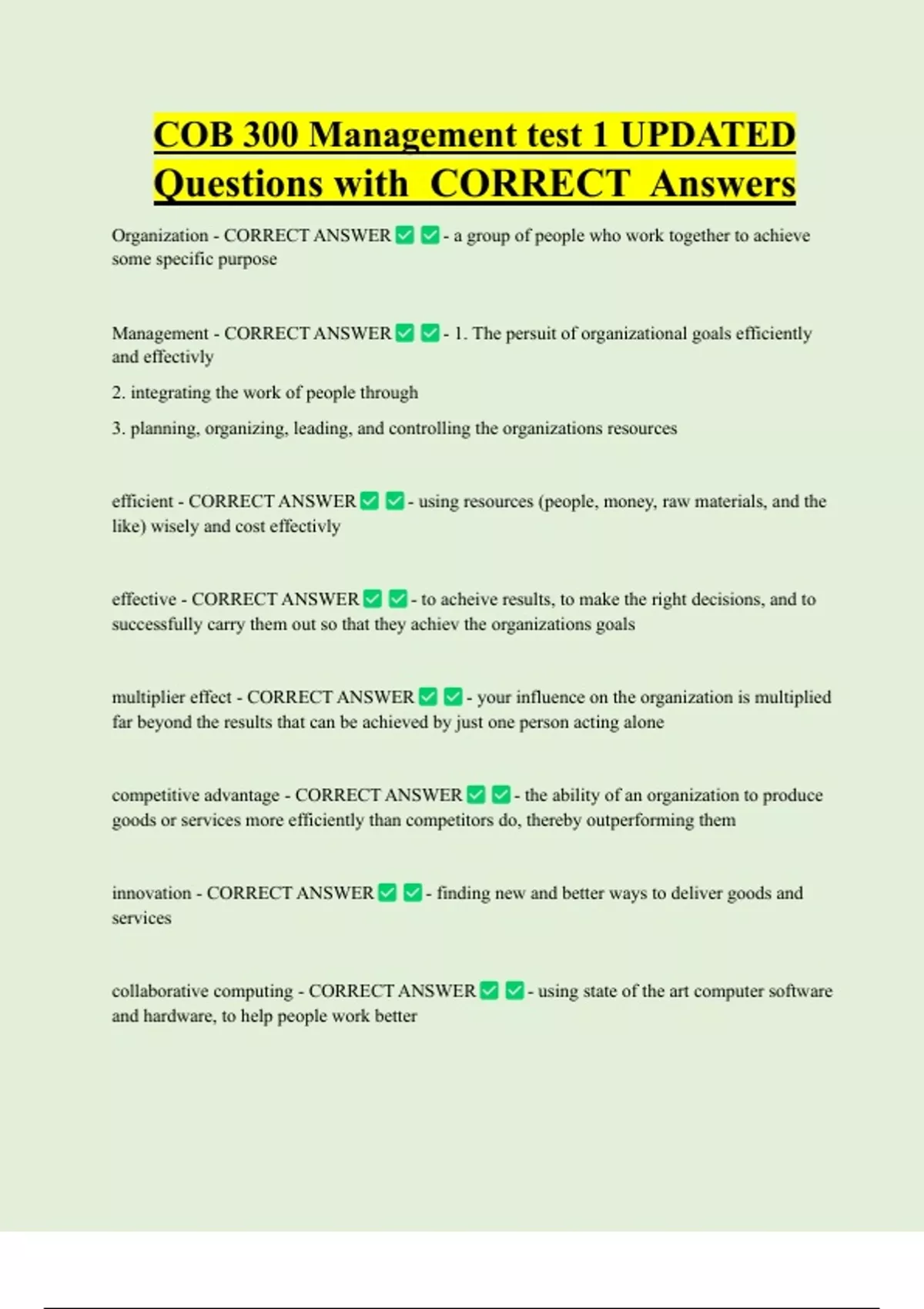 COB 300 Management test 1 UPDATED Questions with CORRECT Answers - COB ...