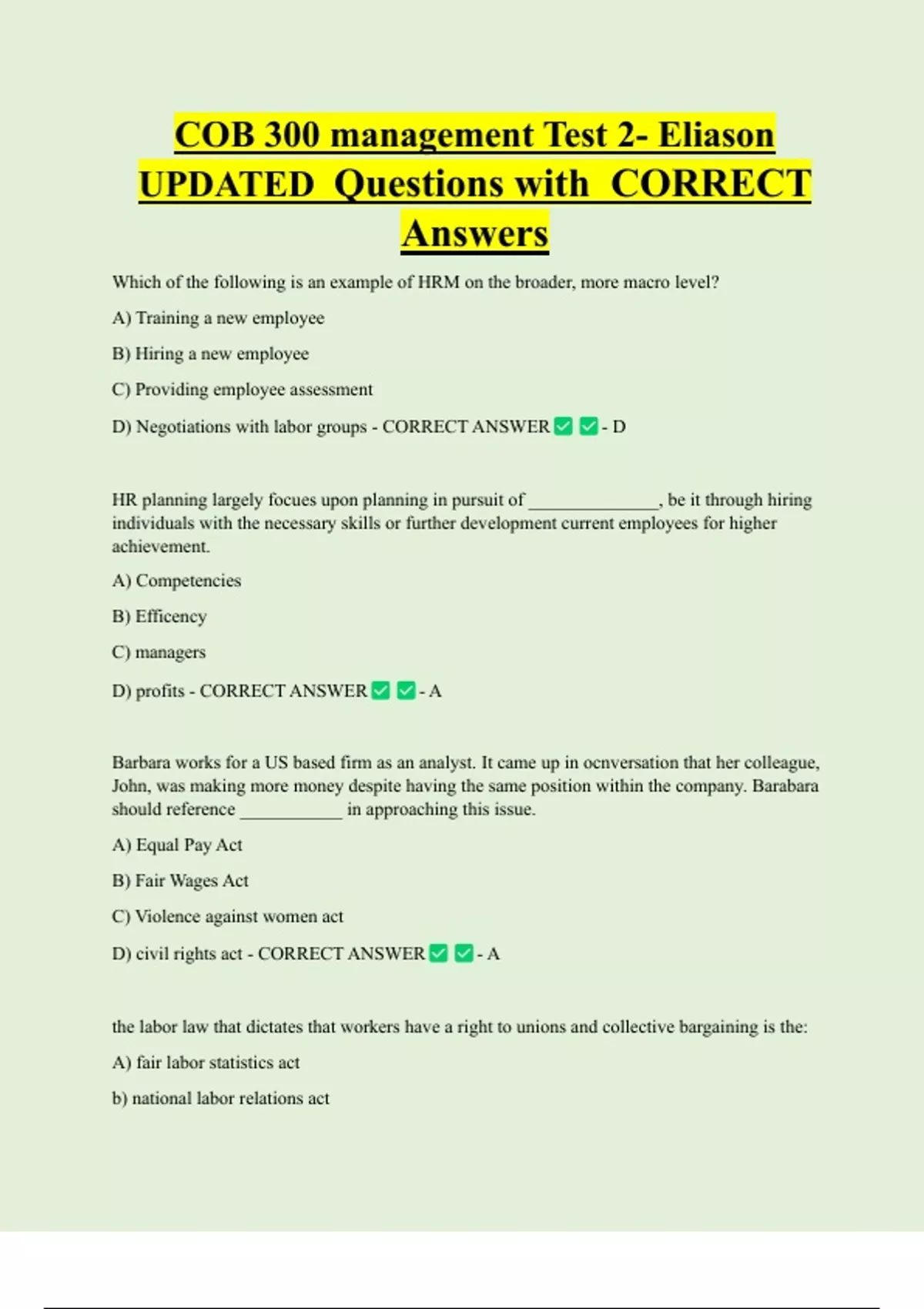 COB 300 management Test 2- Eliason UPDATED Questions with CORRECT ...