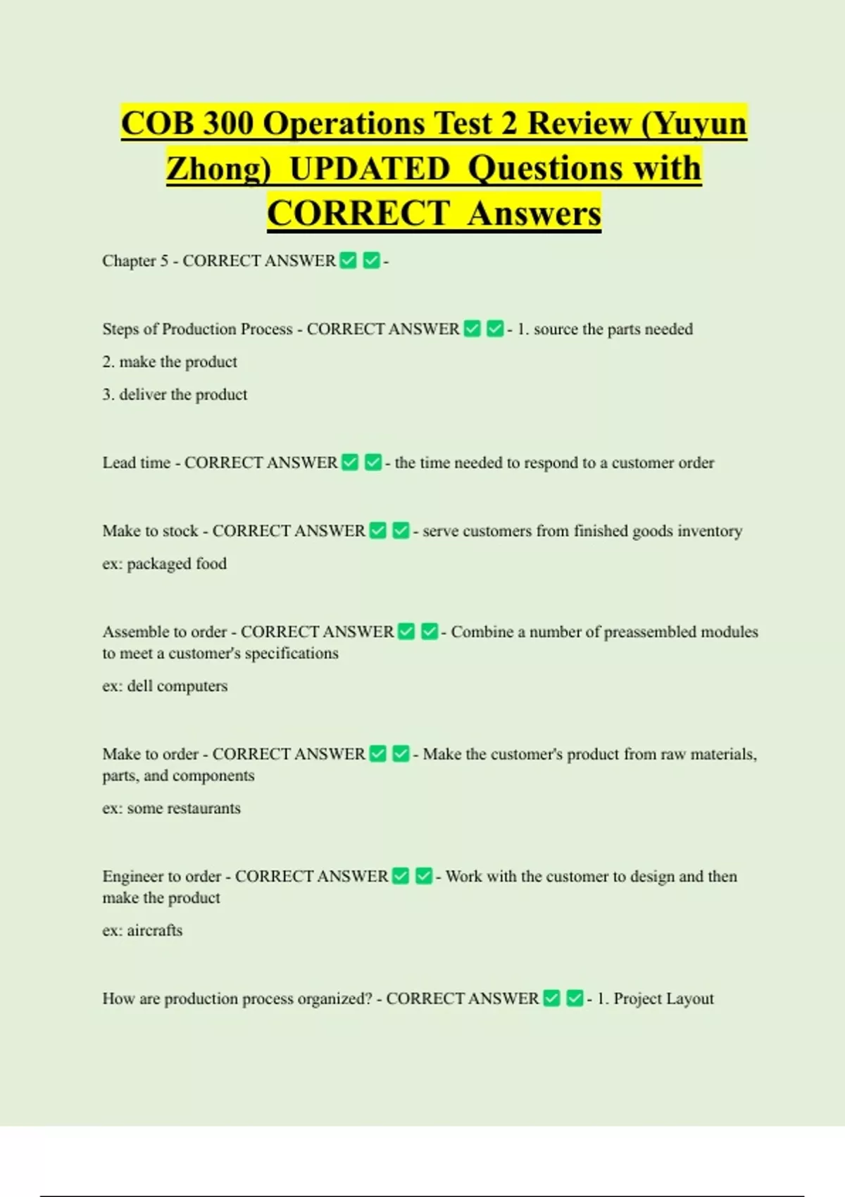 COB 300 Operations Test 2 Review (Yuyun Zhong) UPDATED Questions with ...