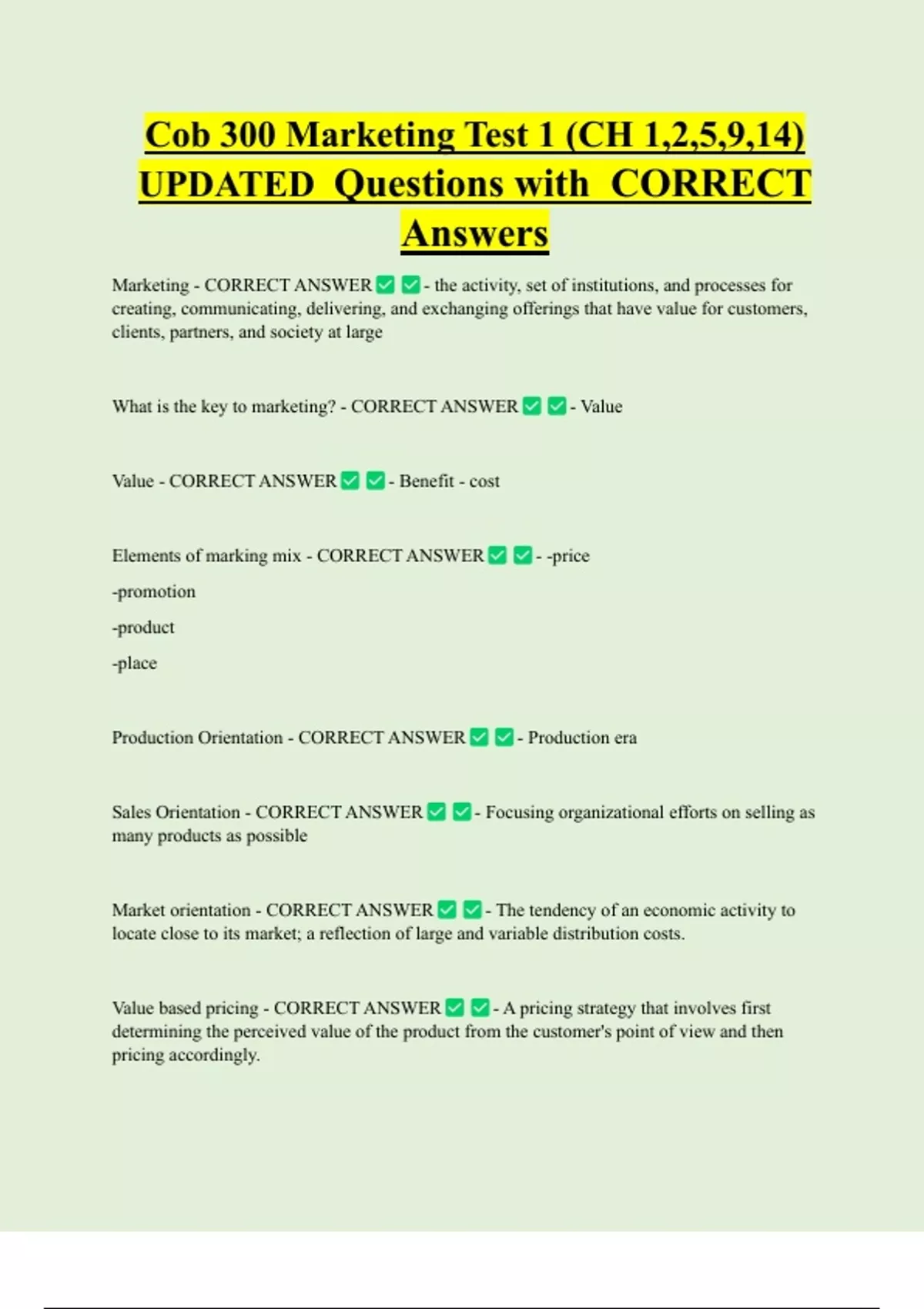 Cob 300 Marketing Test 1 (CH 1,2,5,9,14) UPDATED Questions with CORRECT ...