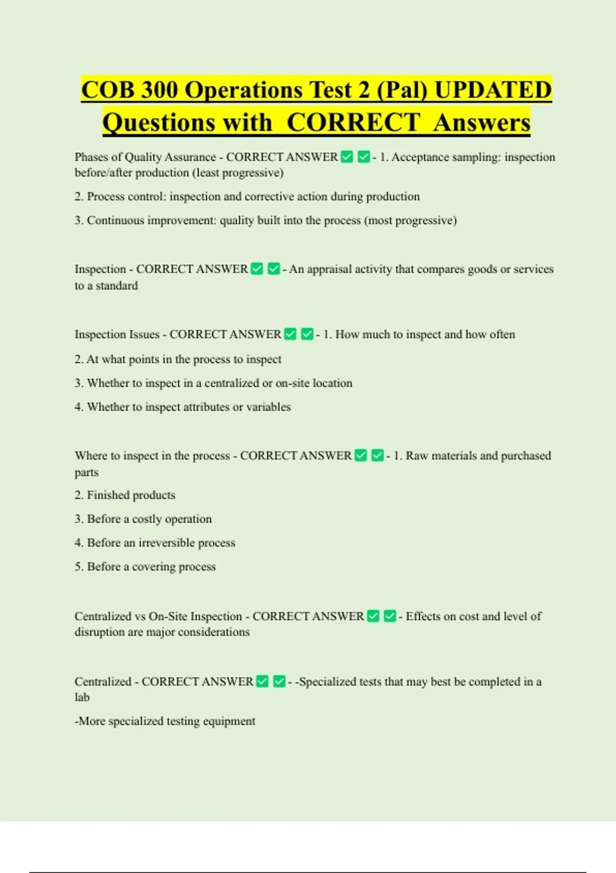 COB 300 Operations Test 2 (Pal) UPDATED Questions with CORRECT Answers ...