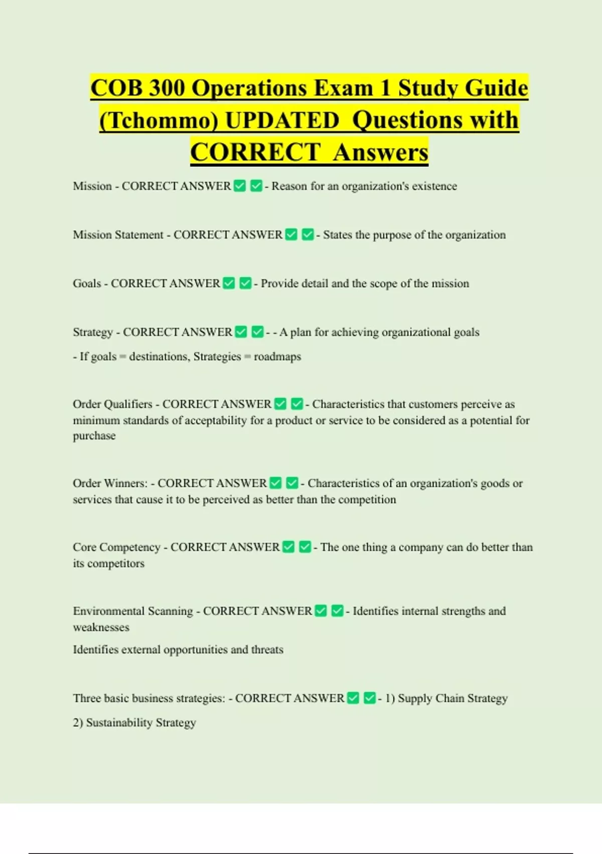 COB 300 Operations Exam 1 Study Guide (Tchommo) UPDATED Questions with CORRECT Answers - COB 300 ...
