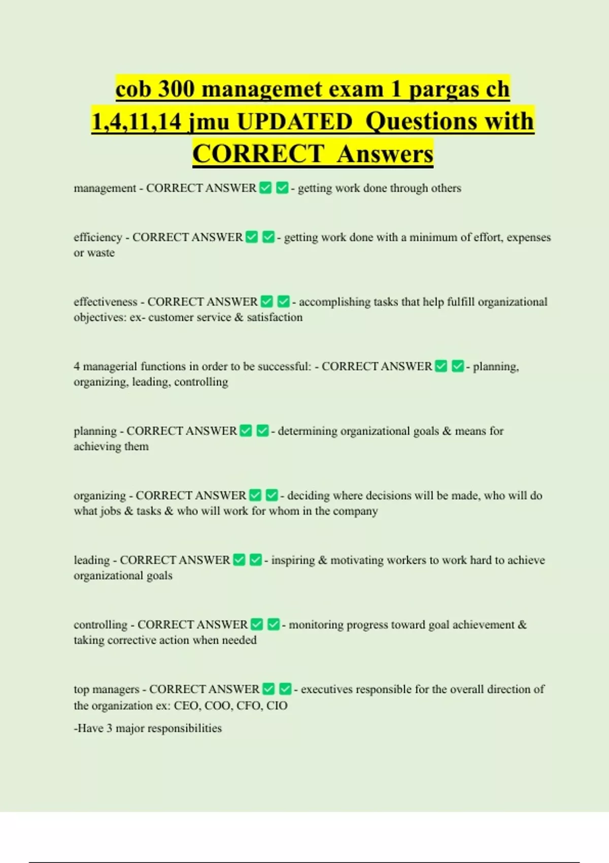 cob 300 managemet exam 1 pargas ch 1,4,11,14 jmu UPDATED Questions with ...