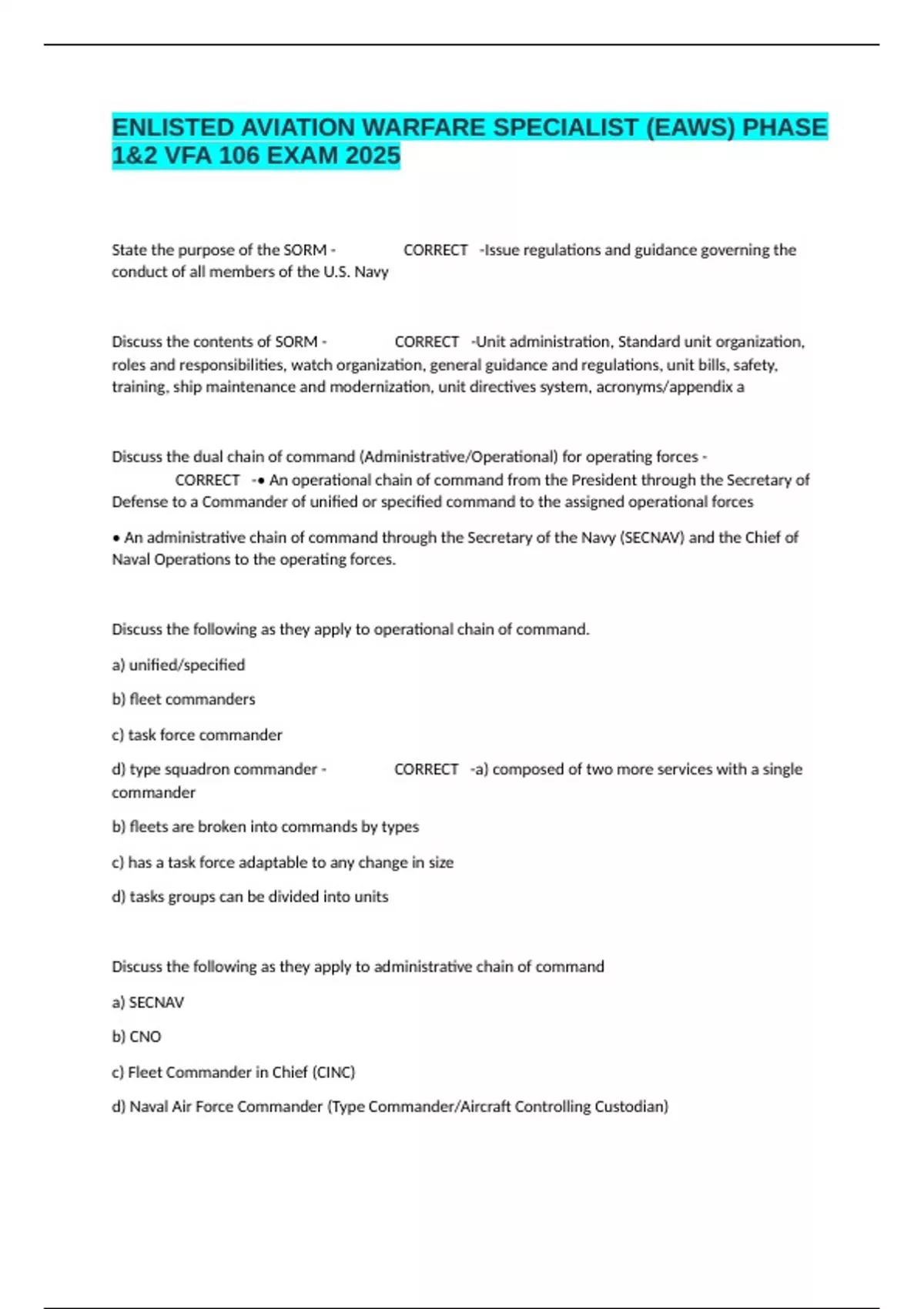 ENLISTED AVIATION WARFARE SPECIALIST (EAWS) PHASE 1&2 VFA 106 EXAM 2025 ...
