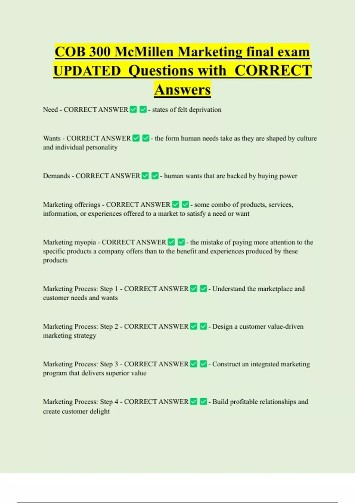 COB 300 McMillen Marketing final exam UPDATED Questions with CORRECT Answers - COB 300 - Stuvia US