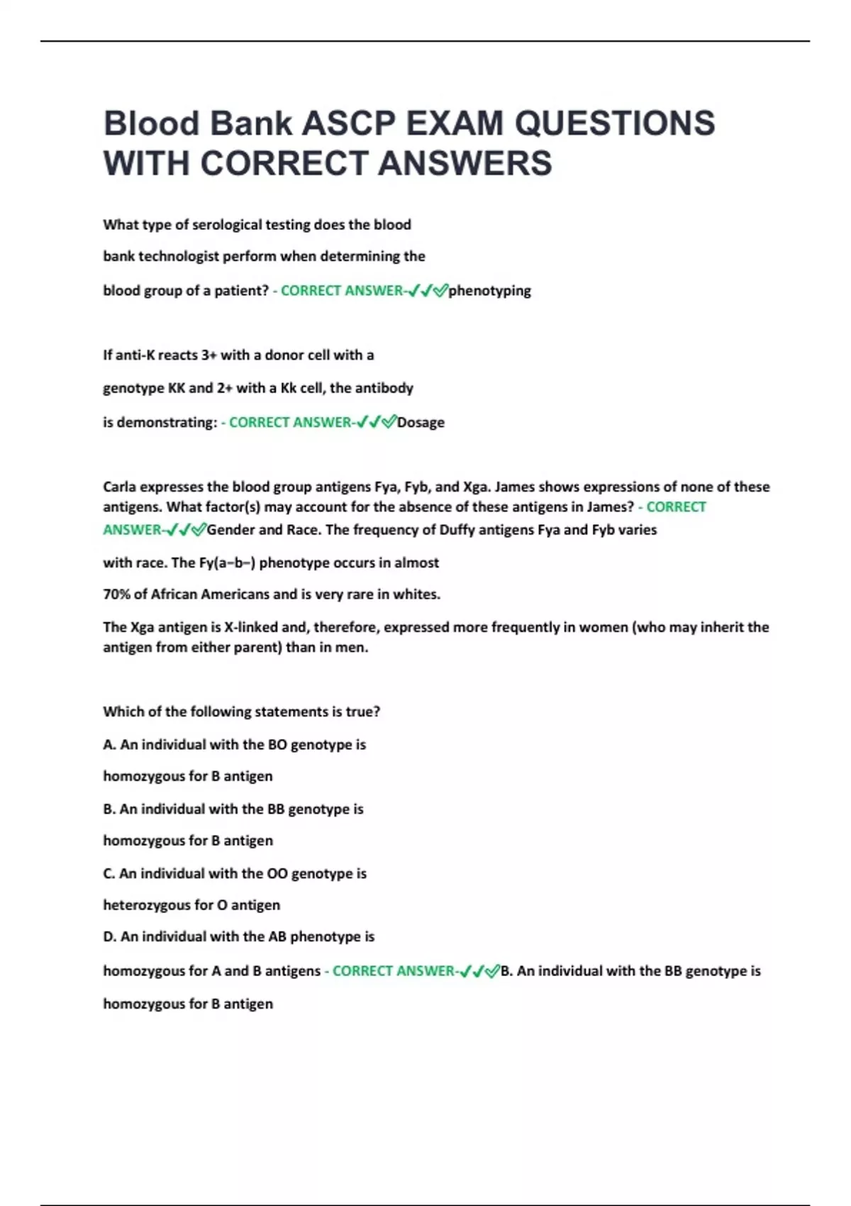 Blood Bank ASCP EXAM QUESTIONS WITH CORRECT ANSWERS. - ASCP - Stuvia US