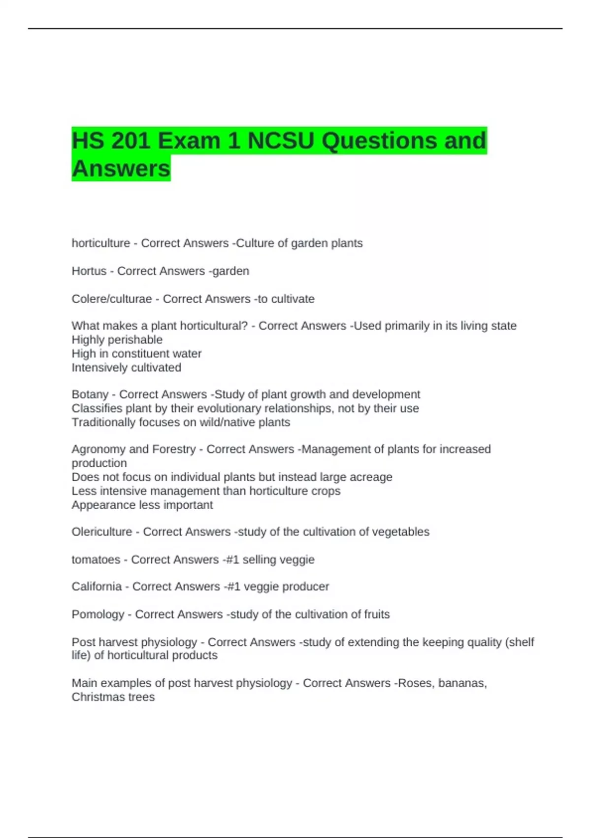 HS 201 Exam 1 NCSU Questions and Answers - NCSU HS201 - Stuvia US