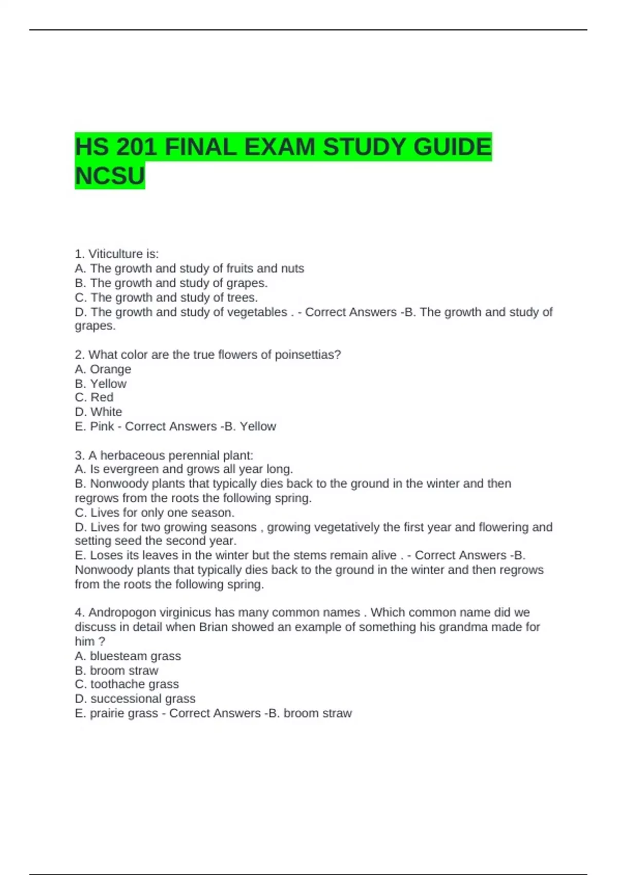 HS 201 FINAL EXAM STUDY GUIDE NCSU QUESTIONS AND ANSWERS - NCSU HS201 ...