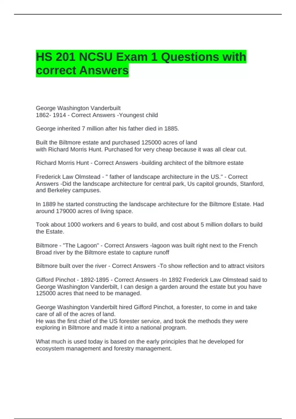 HS 201 NCSU Exam 1 Questions with correct Answers - NCSU HS201 - Stuvia US