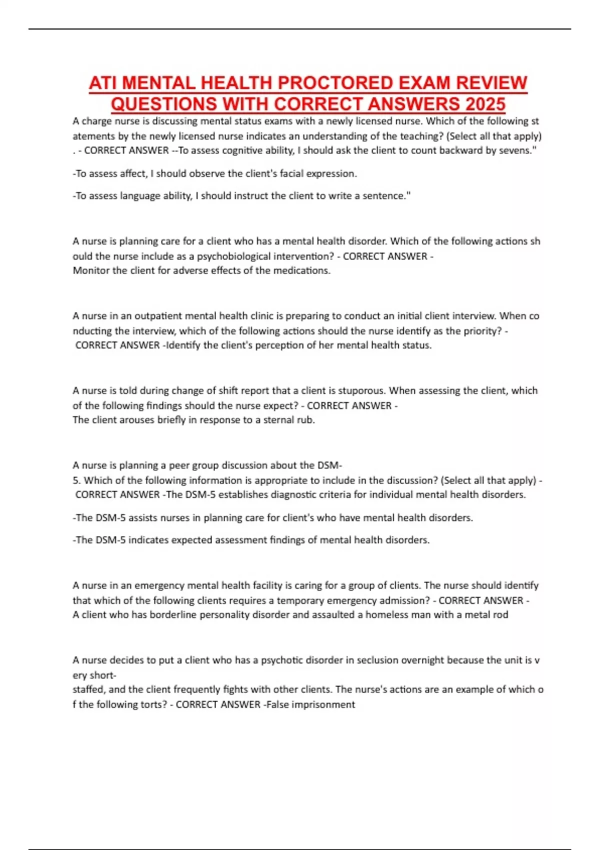 ATI MENTAL HEALTH PROCTORED EXAM REVIEW QUESTIONS WITH CORRECT ANSWERS ...