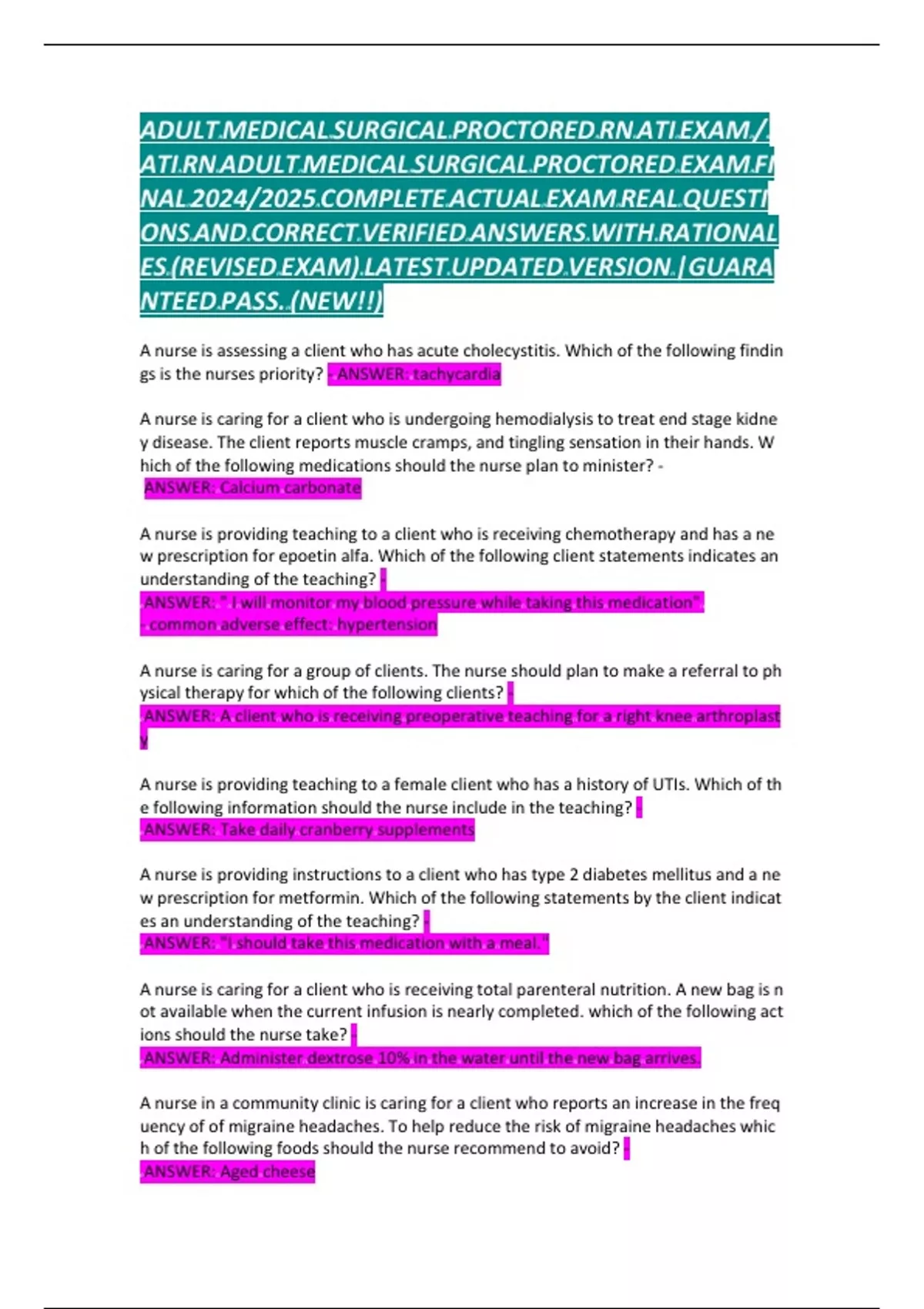 ATI RN Adult Medical Surgical Advanced Med Surg 2023 Proctored Exam ...