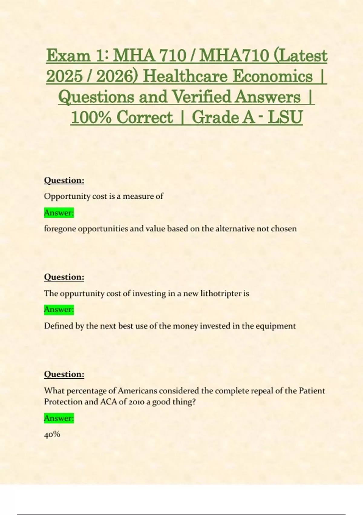 Exam 1: MHA 710 / MHA710 (Latest 2025 / 2026) Healthcare Economics ...