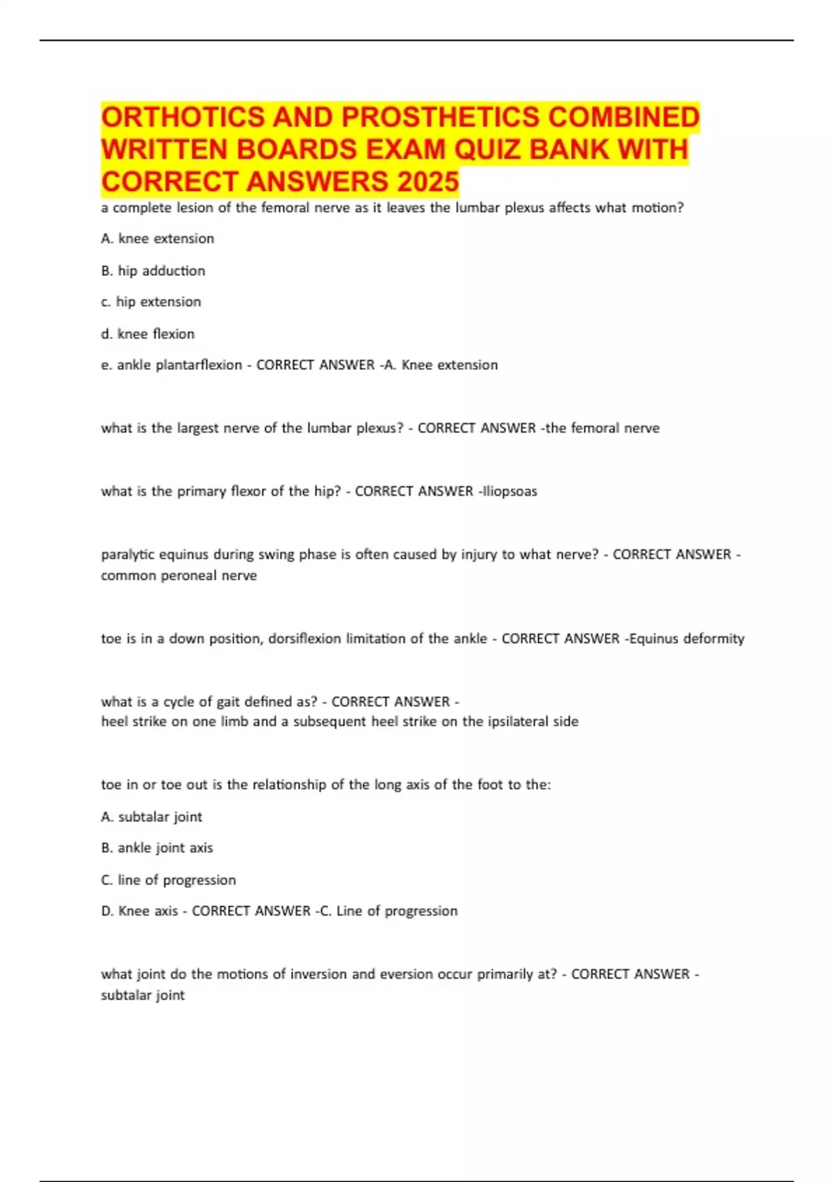 ORTHOTICS AND PROSTHETICS COMBINED WRITTEN BOARDS EXAM QUIZ BANK WITH ...